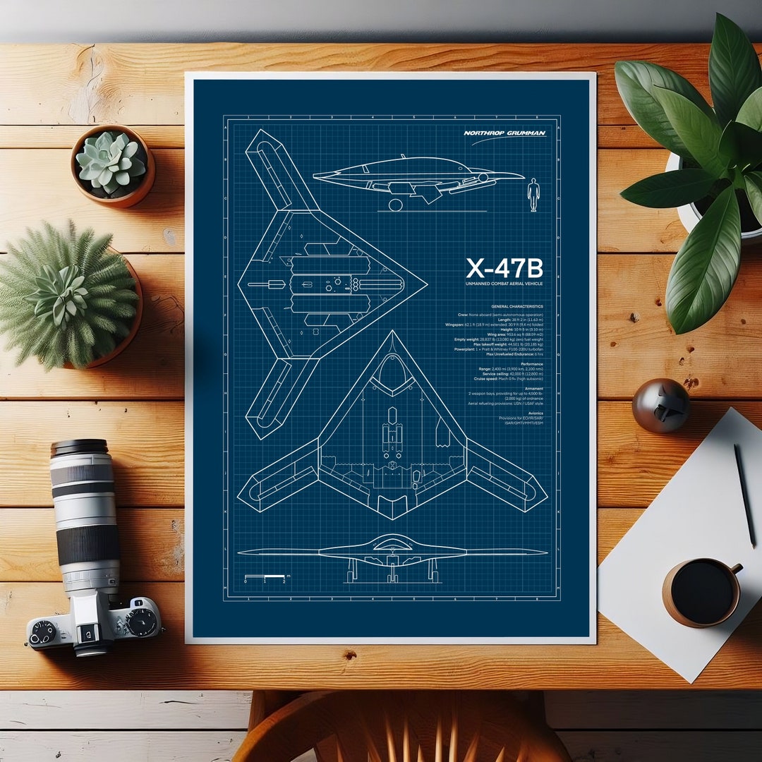 X-47B Blueprint Poster: Unmanned Aircraft Aviation Art (digital ...