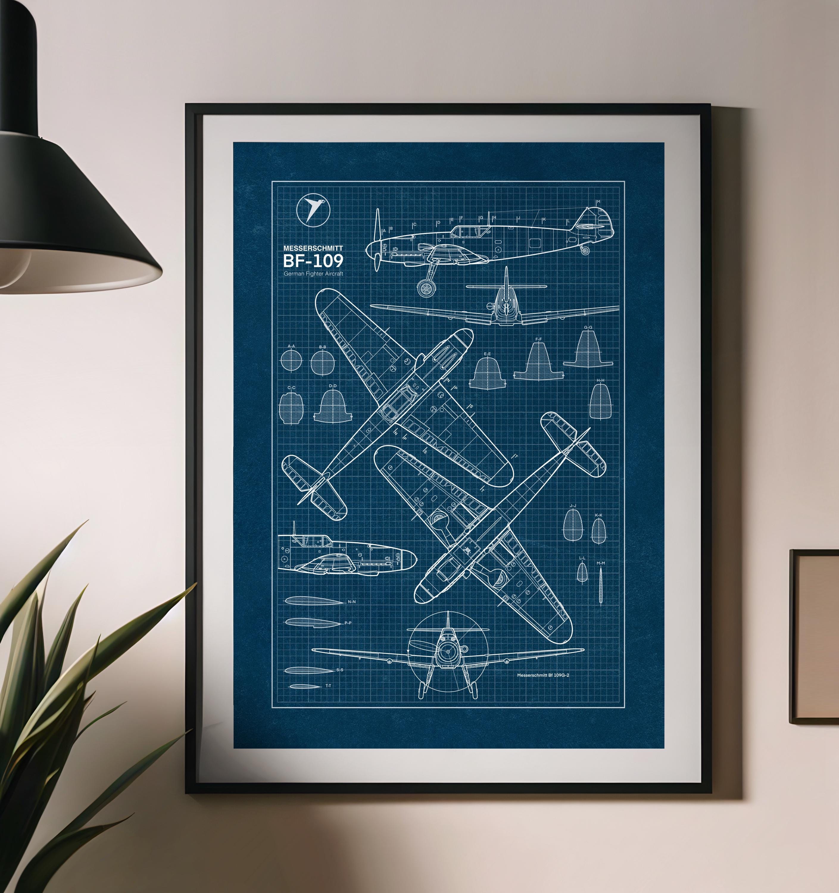 Messerschmitt BF-109 Blueprint Poster, WW2 German Aircraft ...