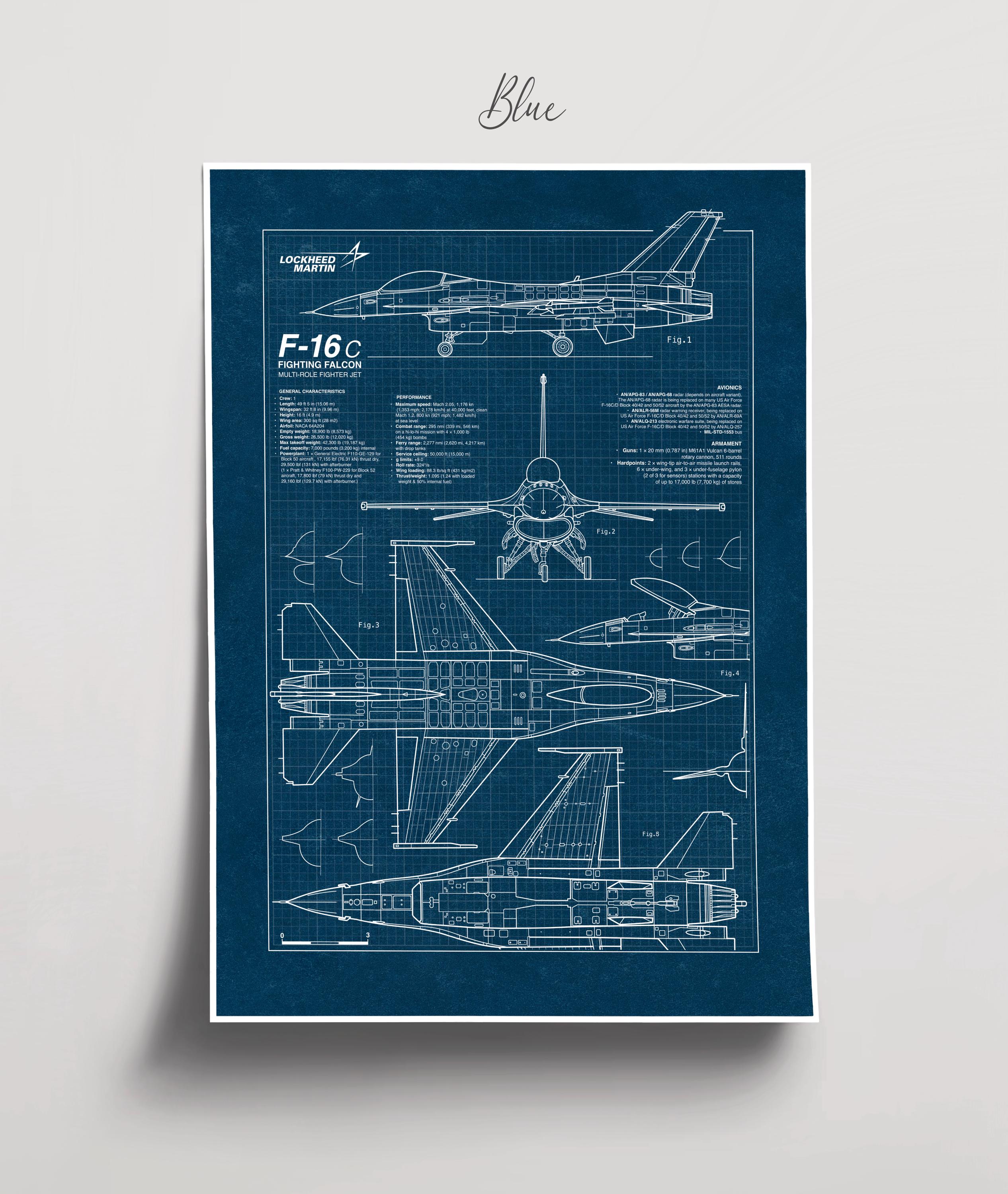 F-16 Fighting Falcon Blueprint Poster: Military Aviation Wall Art ...