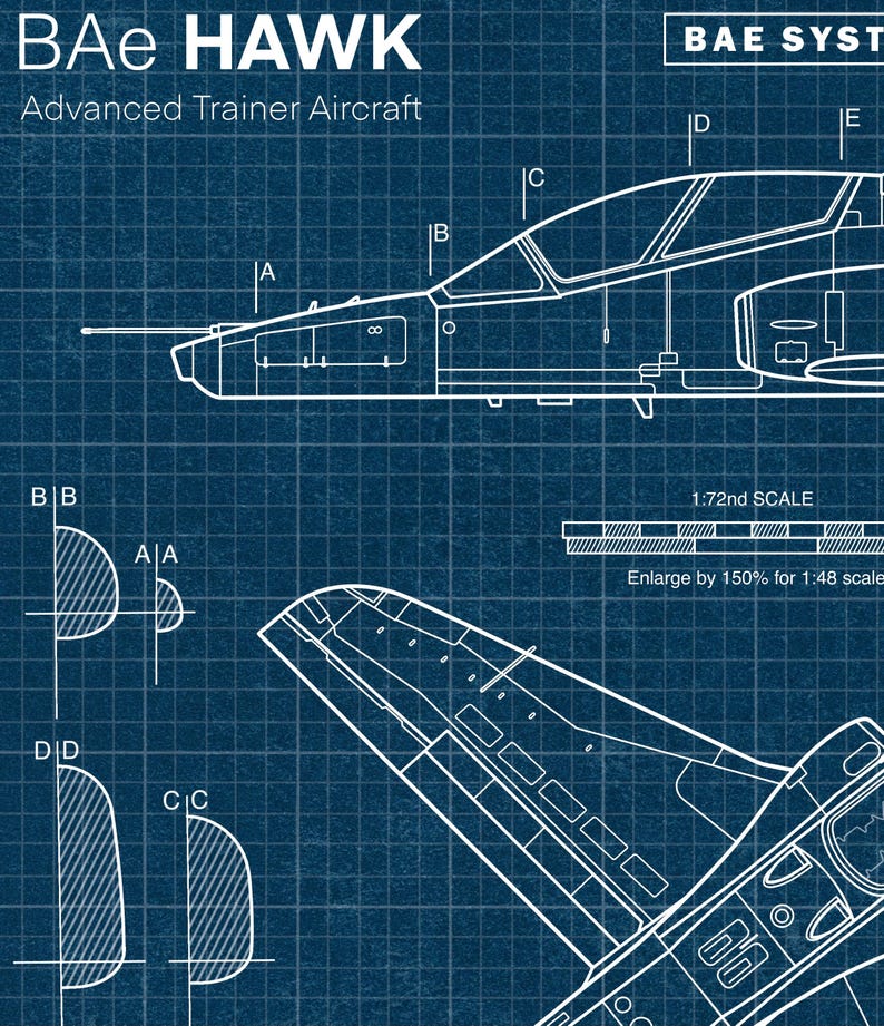 Bae Hawk Blueprint Poster: Aviation Wall Art, Aeronautical Decor ...