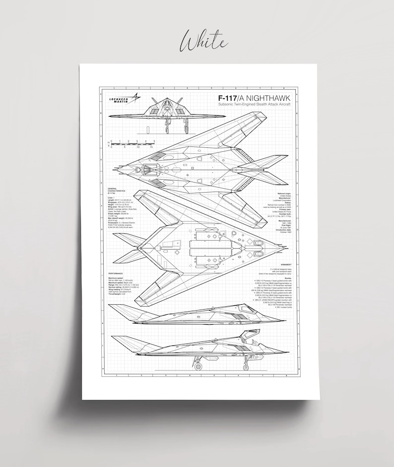 F-117 Nighthawk Blueprint Poster: Stealth Jet Aviation Wall Art ...