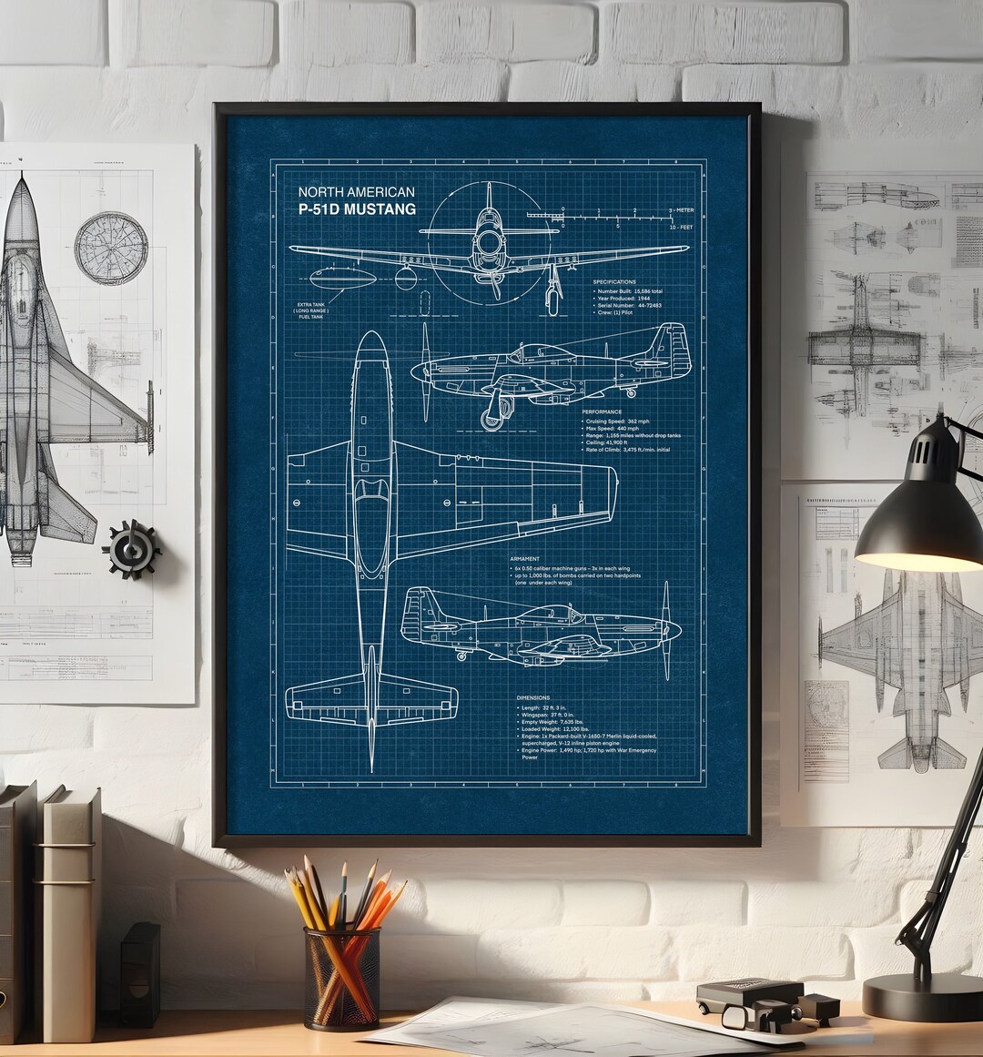P-51D Mustang Blueprint Poster: WW2 Aviation Art (instant Download) - Etsy
