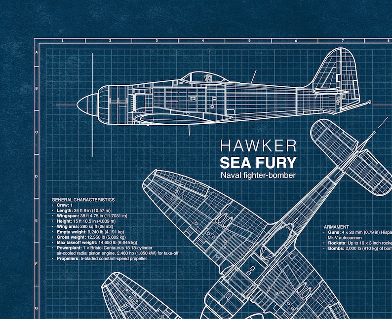 Aircraft Blueprint Poster Set: Spitfire, P-51 Mustang, Sea Fury ...