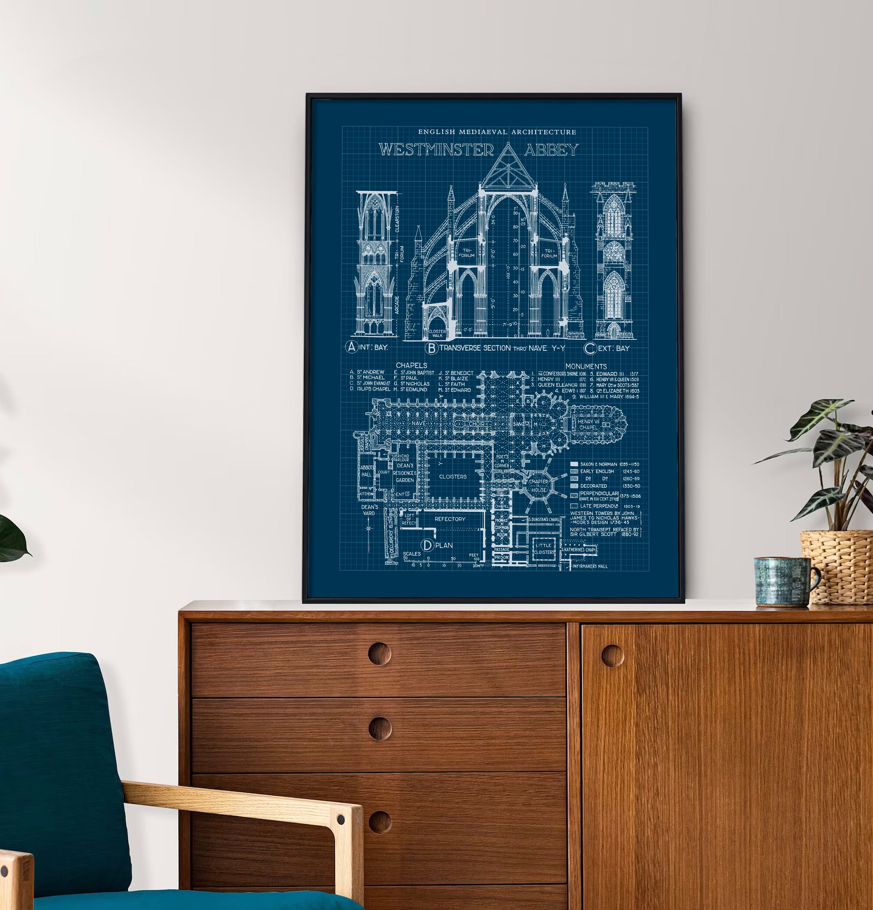 Westminster Abbey Plans Blueprint, Church Print, Architectural Print ...