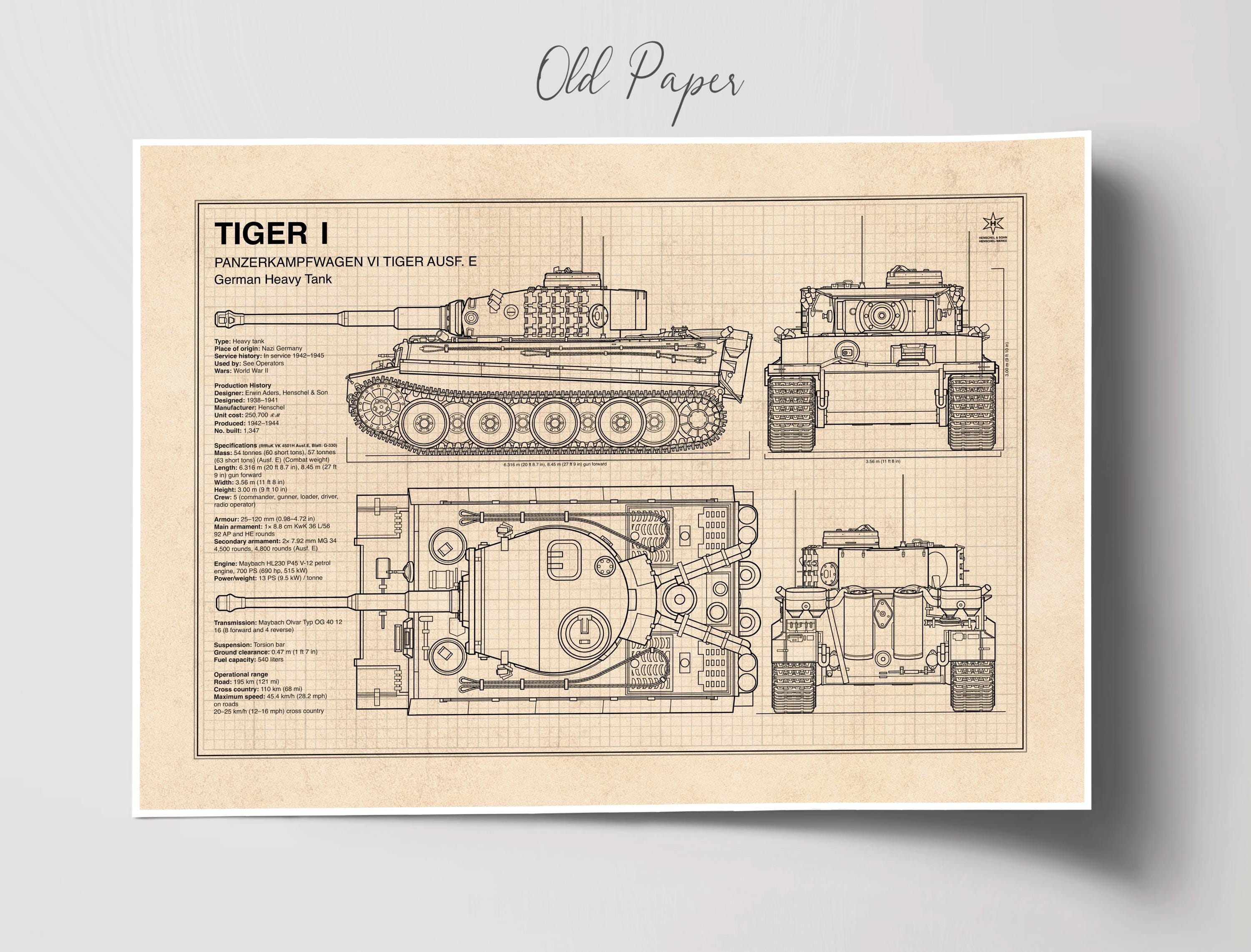 Tiger-1 Tank Blueprint Poster, WWII German Tank Wall Art (digital ...