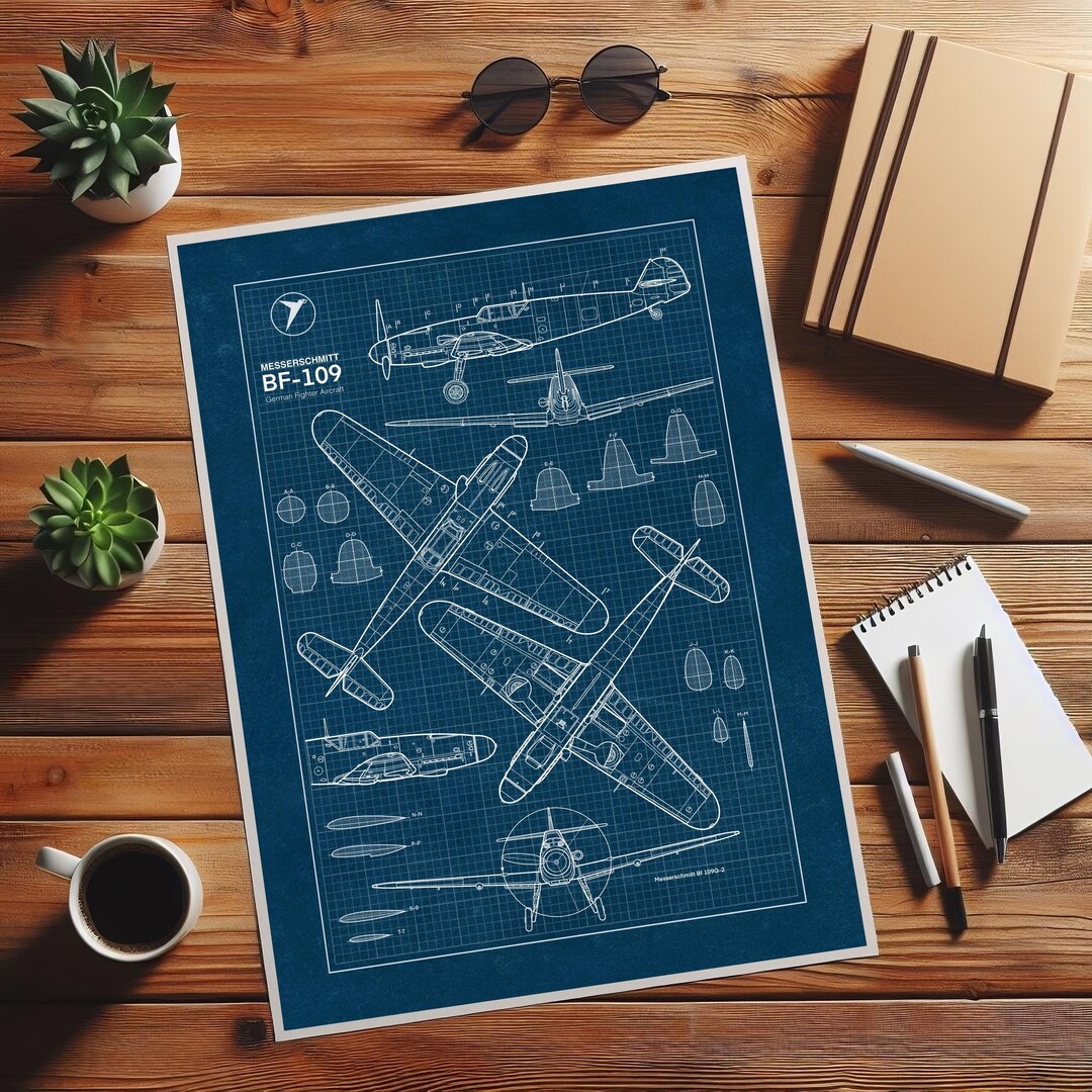 Messerschmitt BF-109 Blueprint Poster, WW2 German Aircraft ...