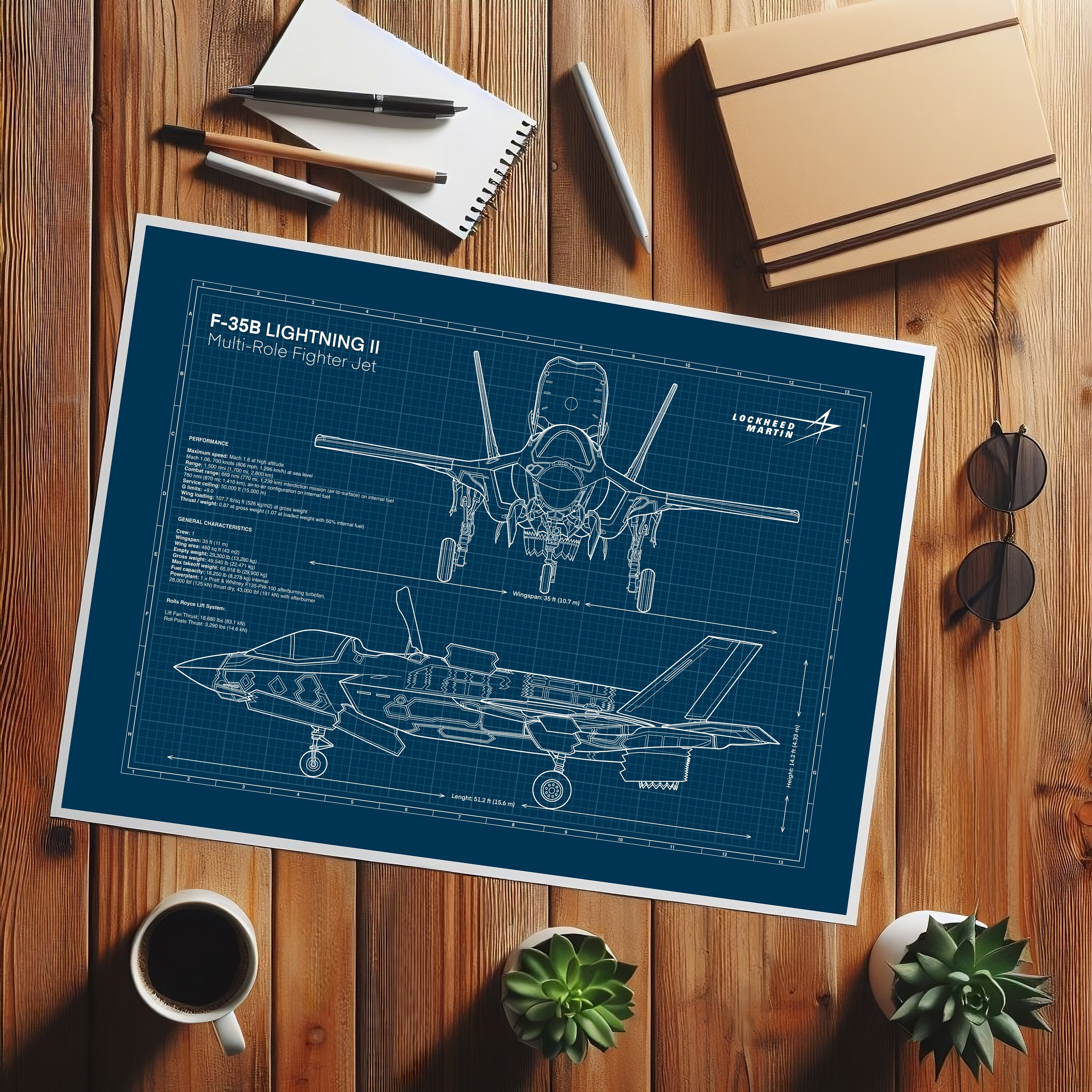 F-35 Lightning Fighter Poster, Blueprint Poster, F-35B Aircraft ...