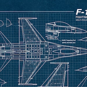 F-16 Fighting Falcon Blueprint Poster: Aviation Decor, Aircraft Wall ...