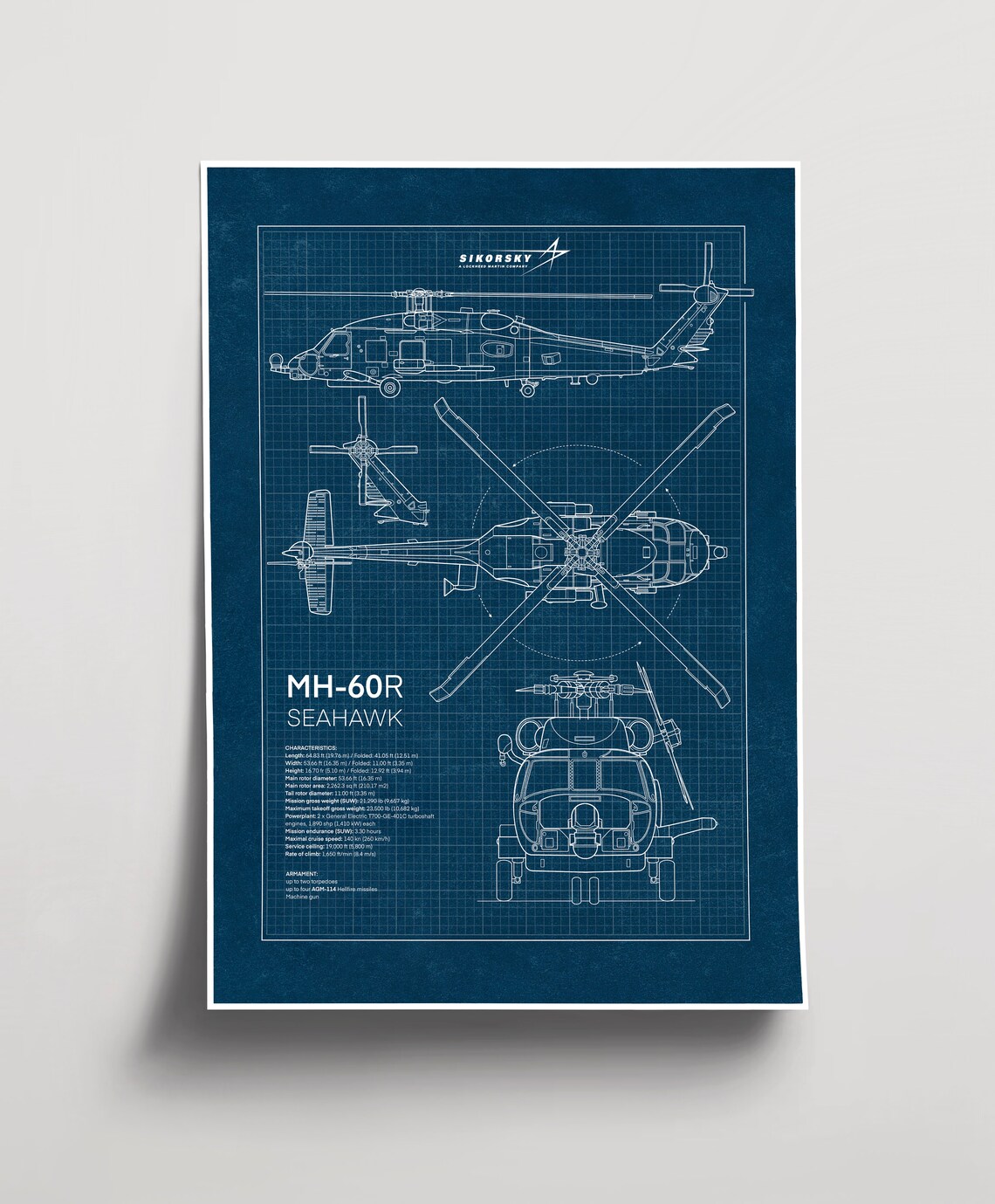 MH-60 Seahawk Helicopter, Blueprint Poster, Aviation Gift, Aviation ...