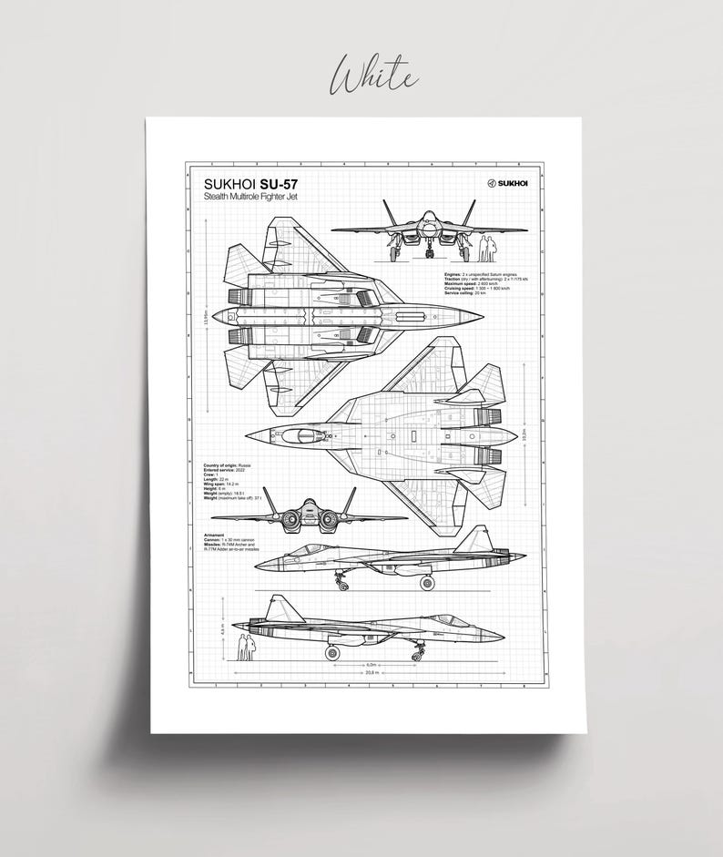 Sukhoi Su-57 Blueprint Poster, Russian Stealth Fighter (digital ...