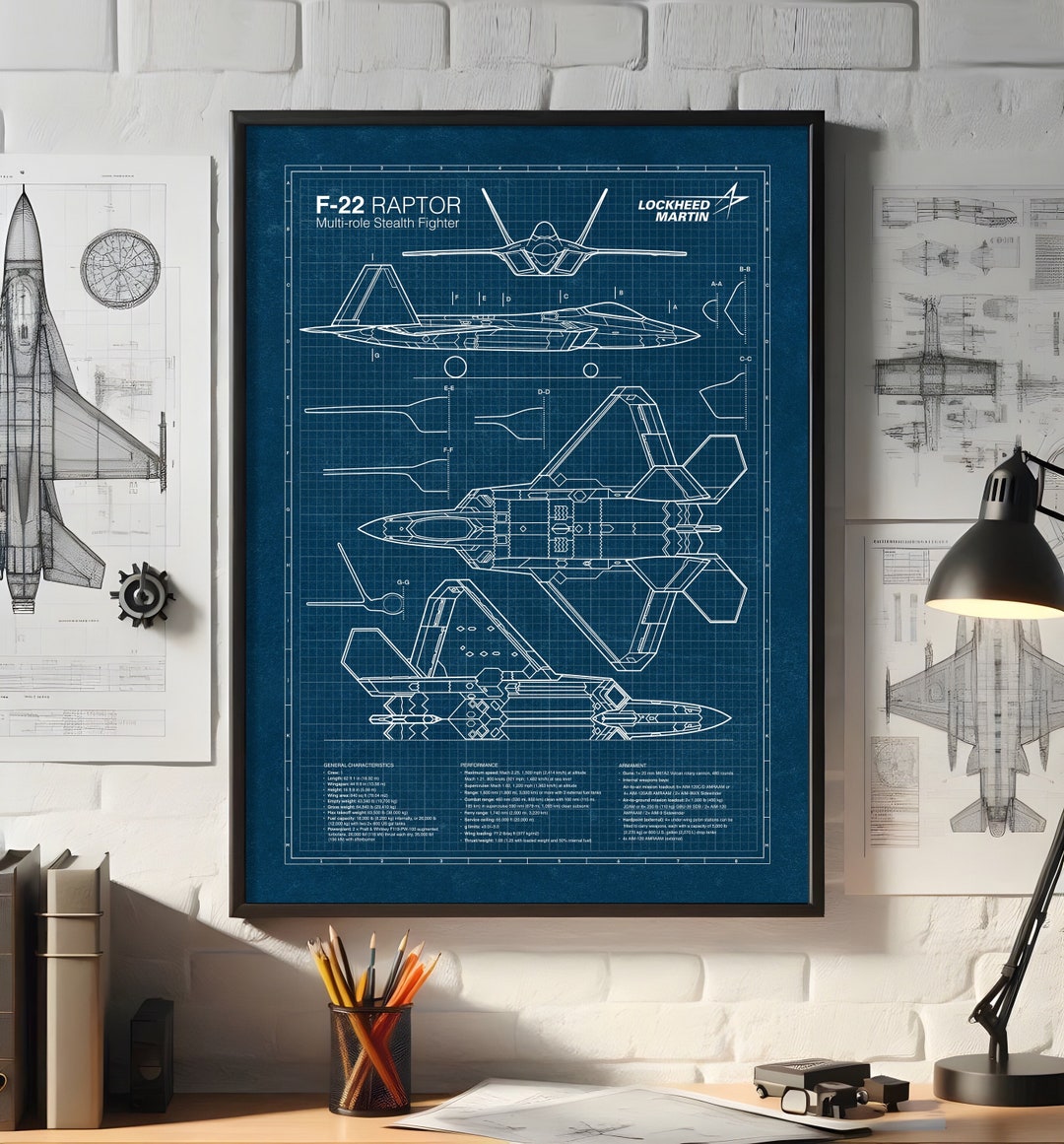 F-22 Raptor, Blueprint Poster, Aircraft Poster, Aviation Decor ...