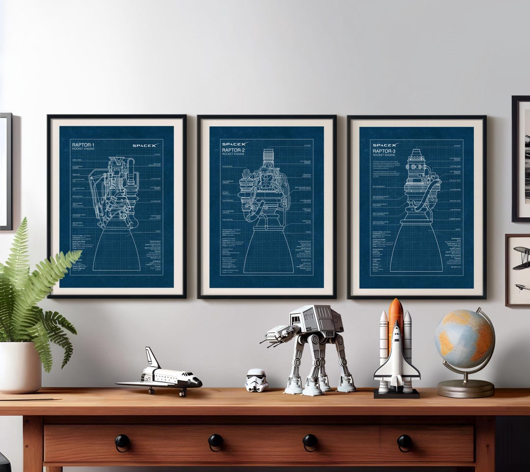 Spacex Raptor Engines Set of 3, Blueprint, Raptor-1 Rocket Engine ...