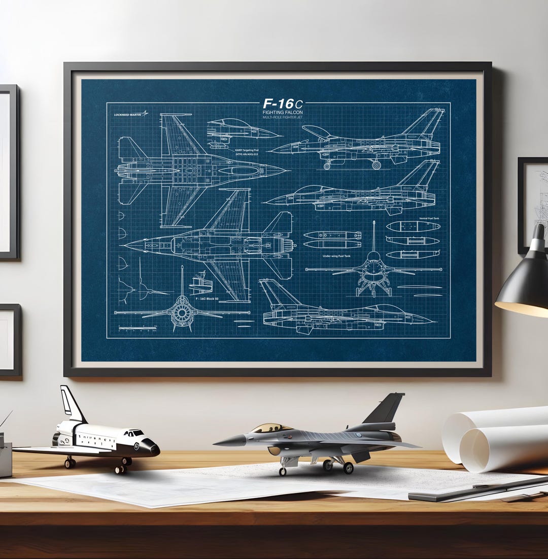 F-16 Fighting Falcon Blueprint Poster, Aviation Decor, Aircraft Wall ...