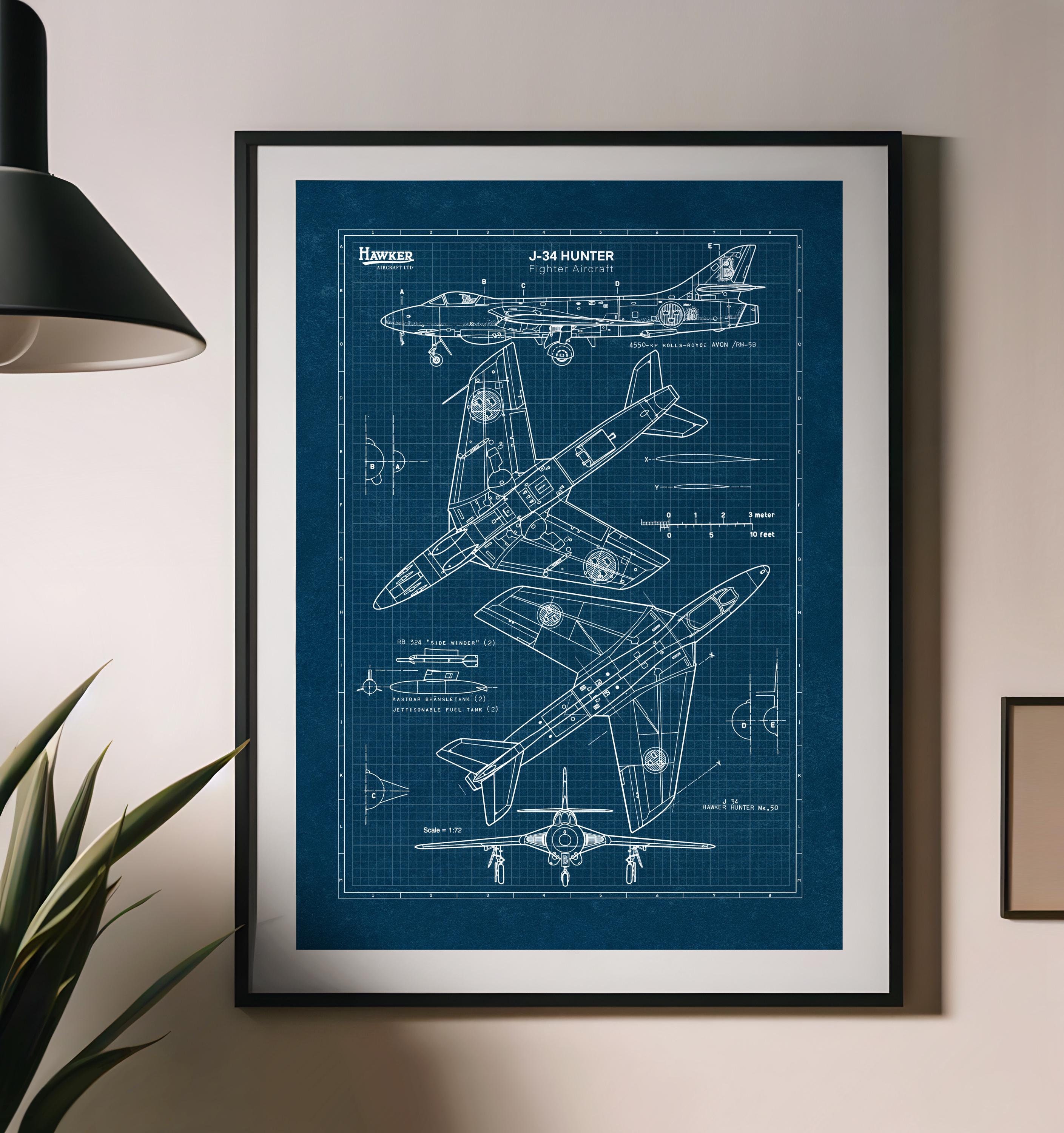 Hawker Hunter Blueprint Poster: Aviation Art, Aeronautical Decor ...