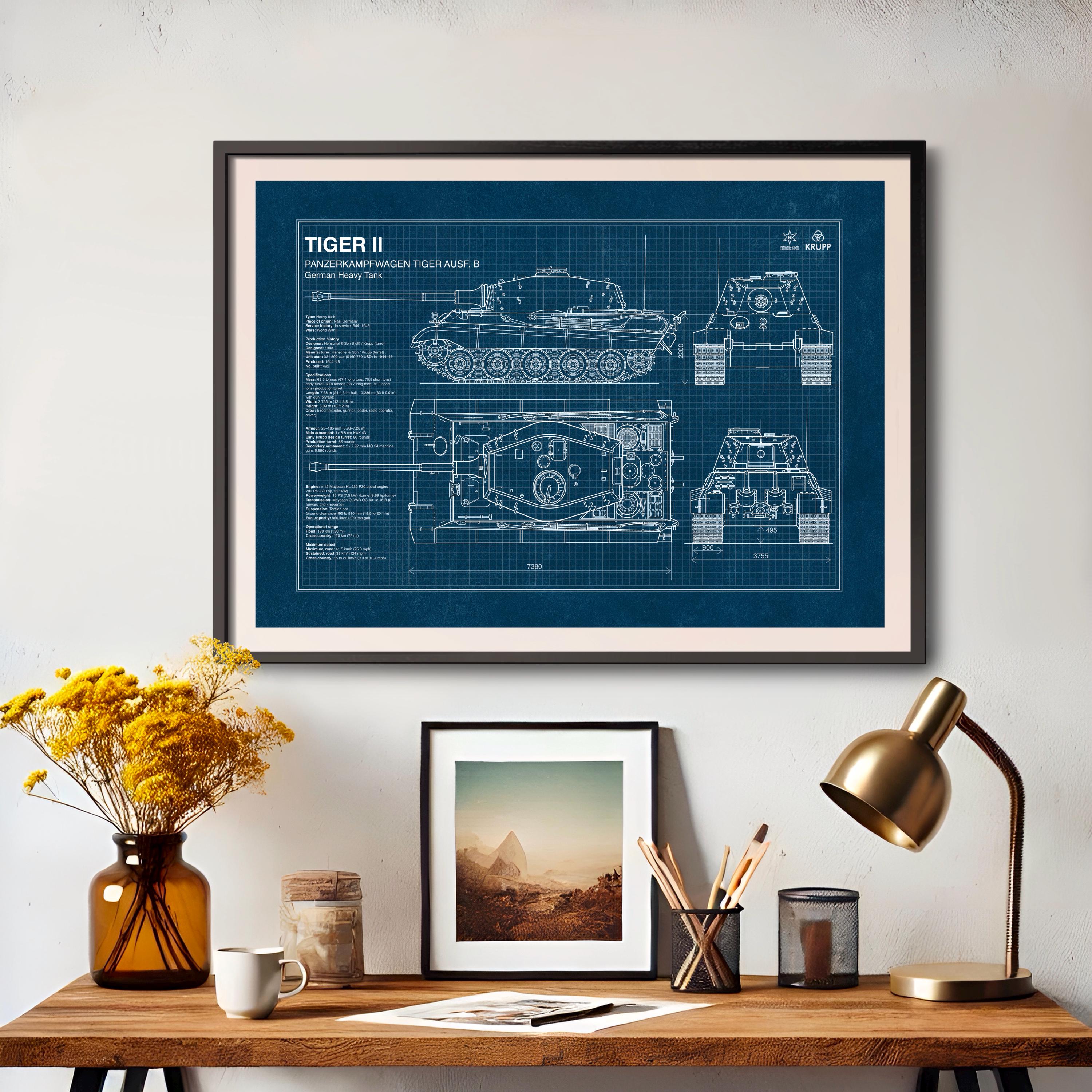 King Tiger Tank Blueprint Poster, WWII German Tank Wall Art, Tiger-2 ...