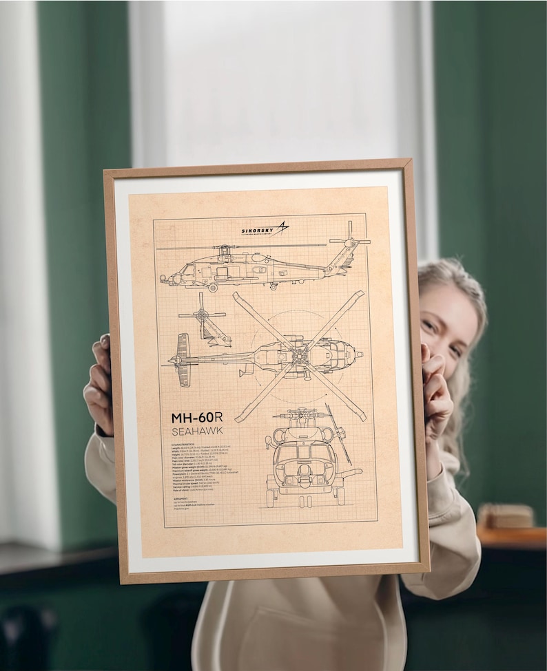 MH-60 Seahawk Helicopter Blueprint Poster, Military Aviation Art ...