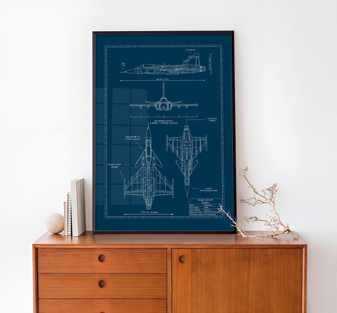 Saab JAS 39 Gripen Fighter Aircraft Poster, Blue Print Poster, Aviation ...