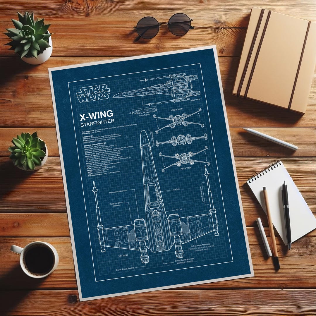 X-wing Fighter Blueprint Poster: Star Wars Wall Art, Sci-fi Geek Decor ...