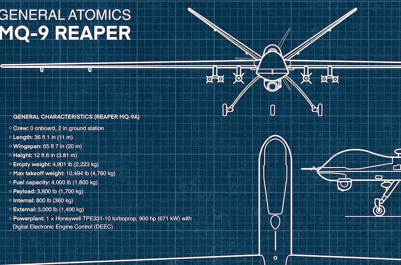 MQ-9 Reaper Print, Unmanned Aerial Vehicle, Blueprint Poster, Aviation ...