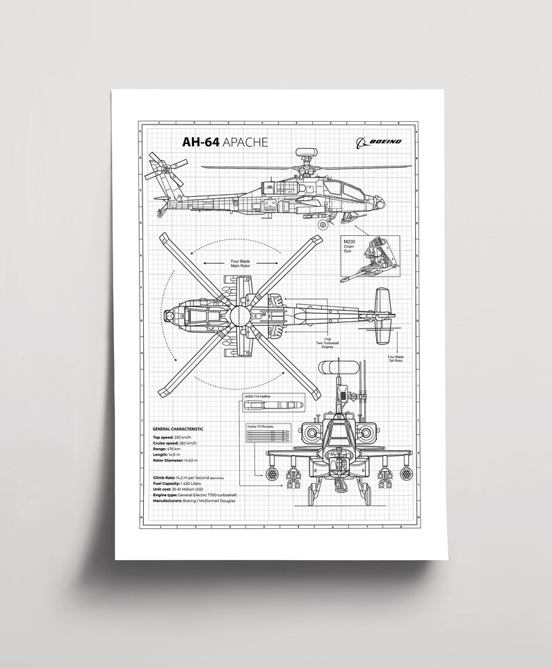 AH-64 Apache Helicopter Poster, Blueprint Poster, Helicopter Print ...