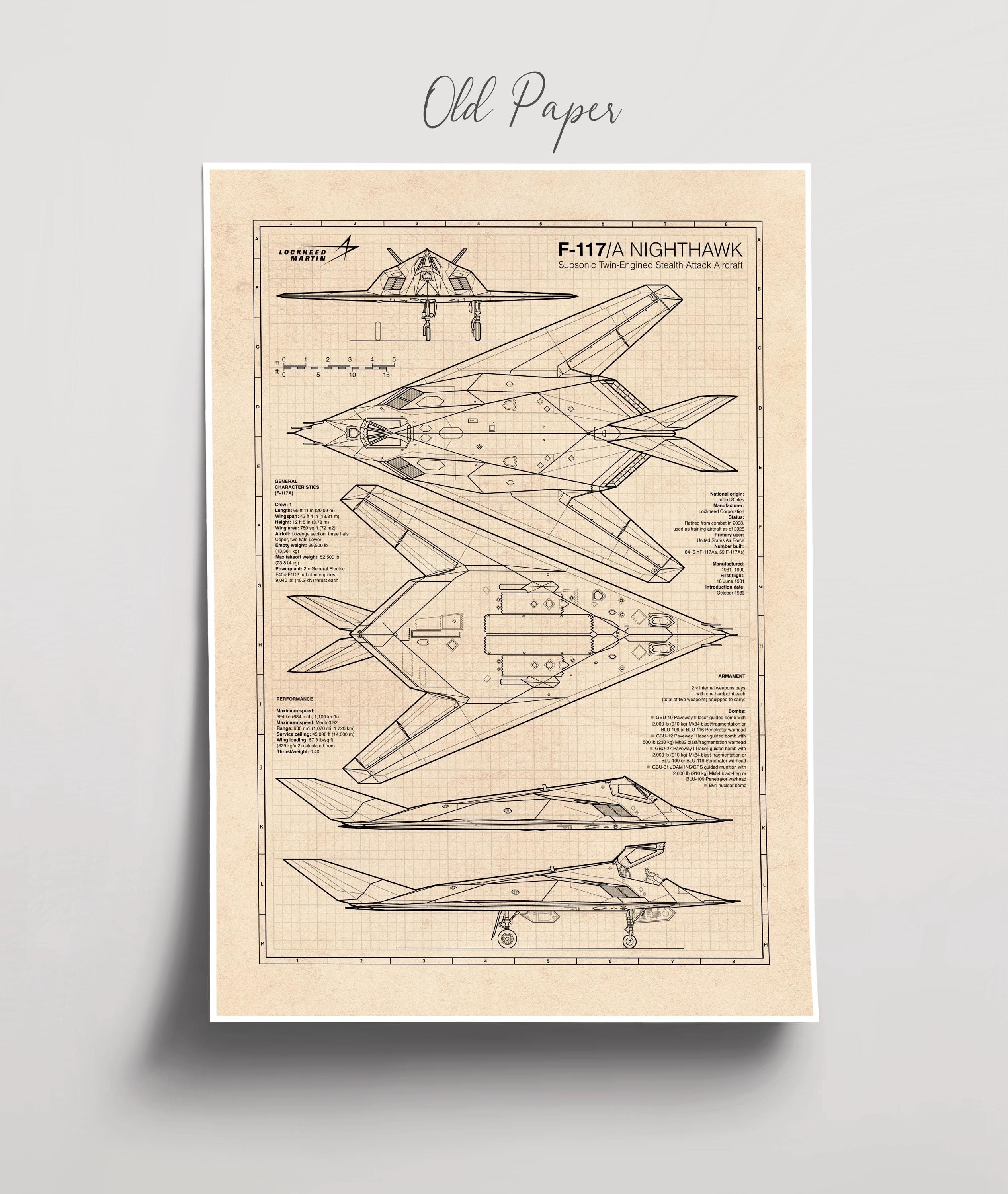 F-117 Nighthawk Blueprint Poster: Stealth Jet Aviation Wall Art ...