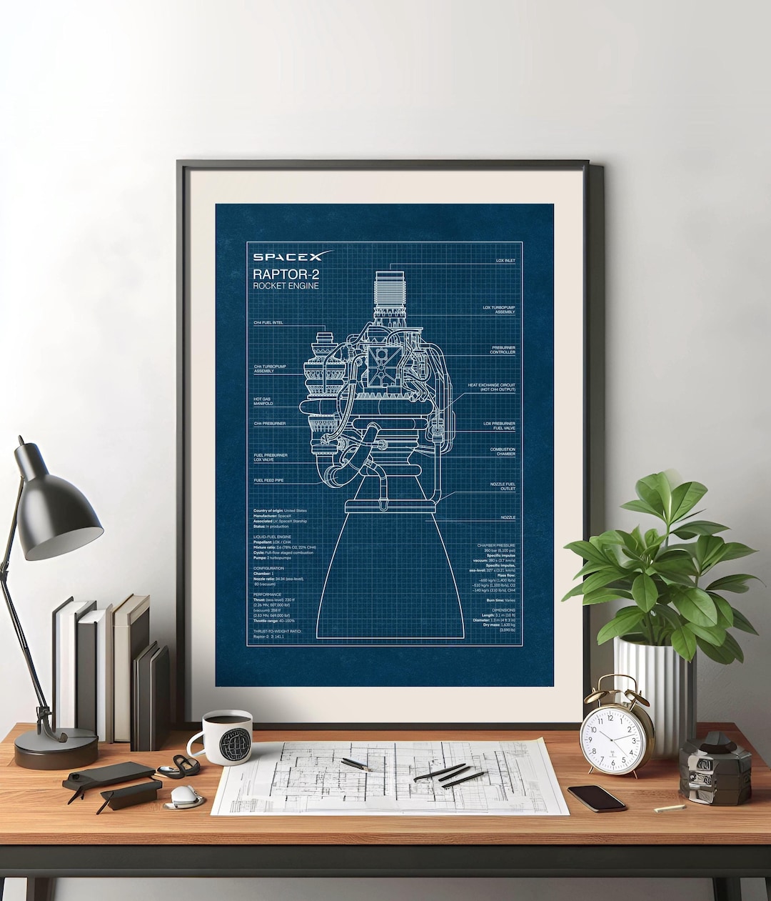 Spacex Raptor-2 Engine Blueprint Poster, Rocket Engine Print, Aerospace ...
