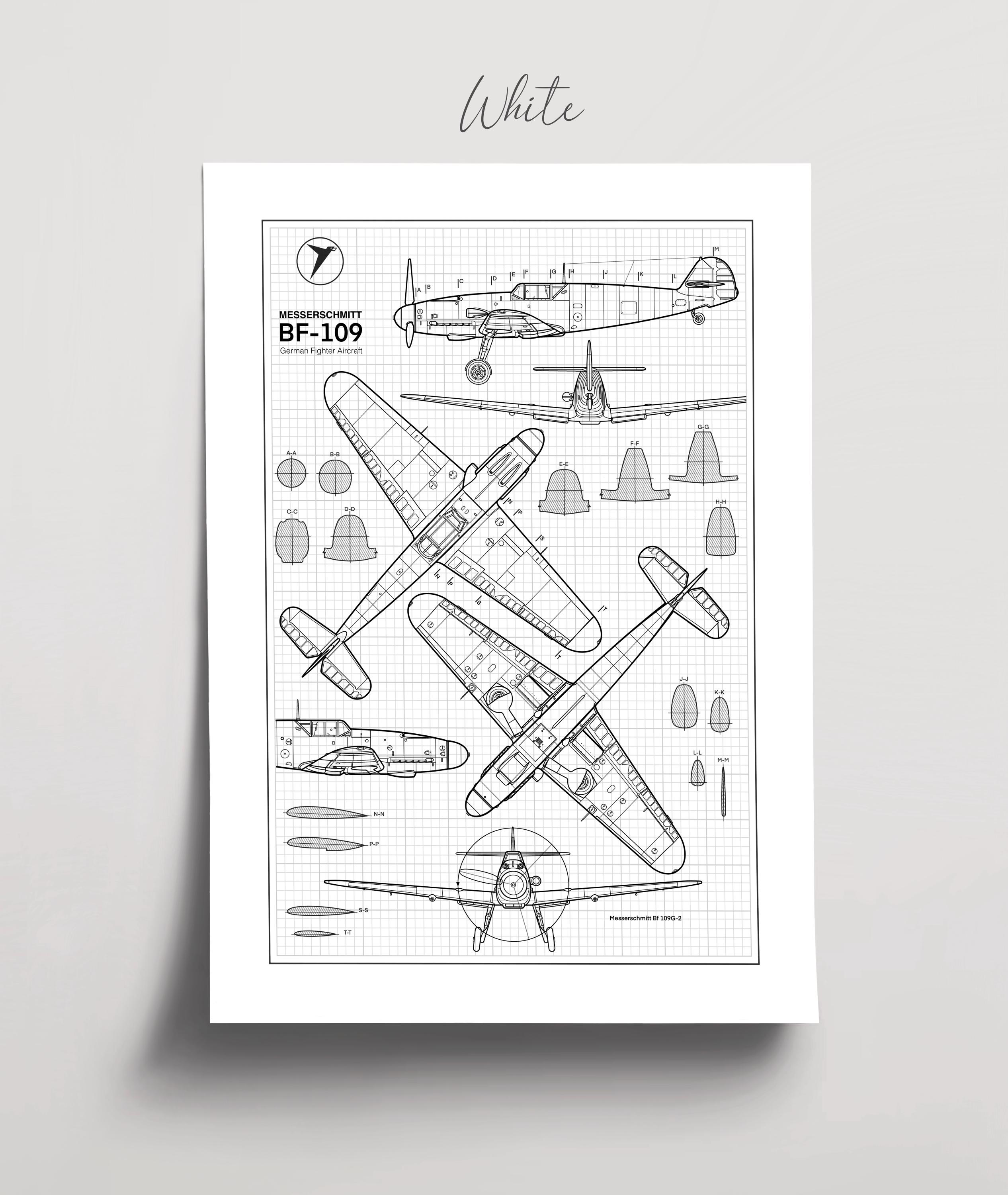 Messerschmitt BF-109 Blueprint Poster, WW2 German Aircraft ...