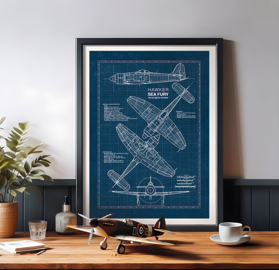 Hawker Sea Fury Blueprint Poster: WW2 Aviation Art, Military Aircraft ...