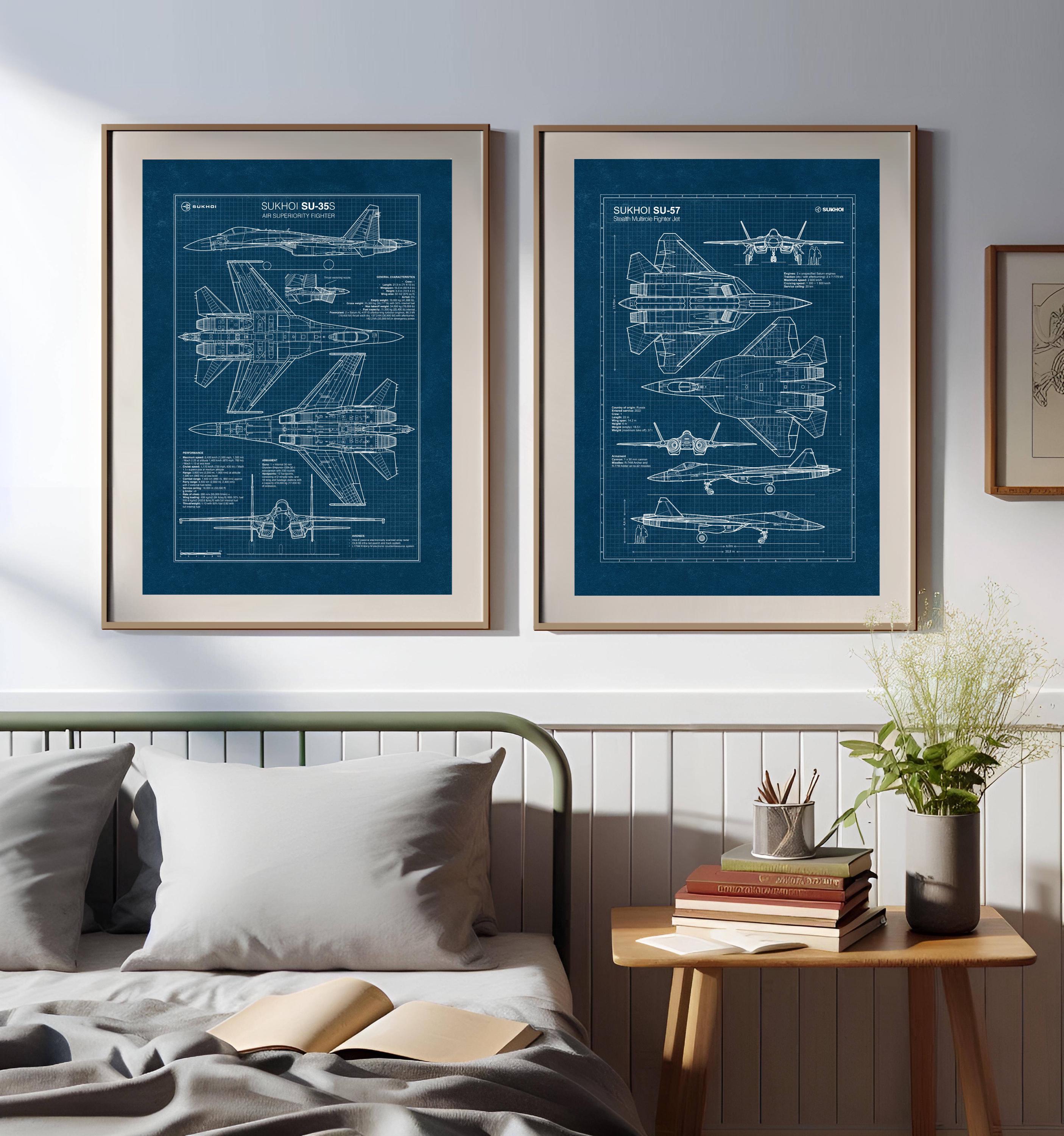 Sukhoi Su-35s Blueprint Poster, Russian Fighter Jet Wall Art, Aviation ...