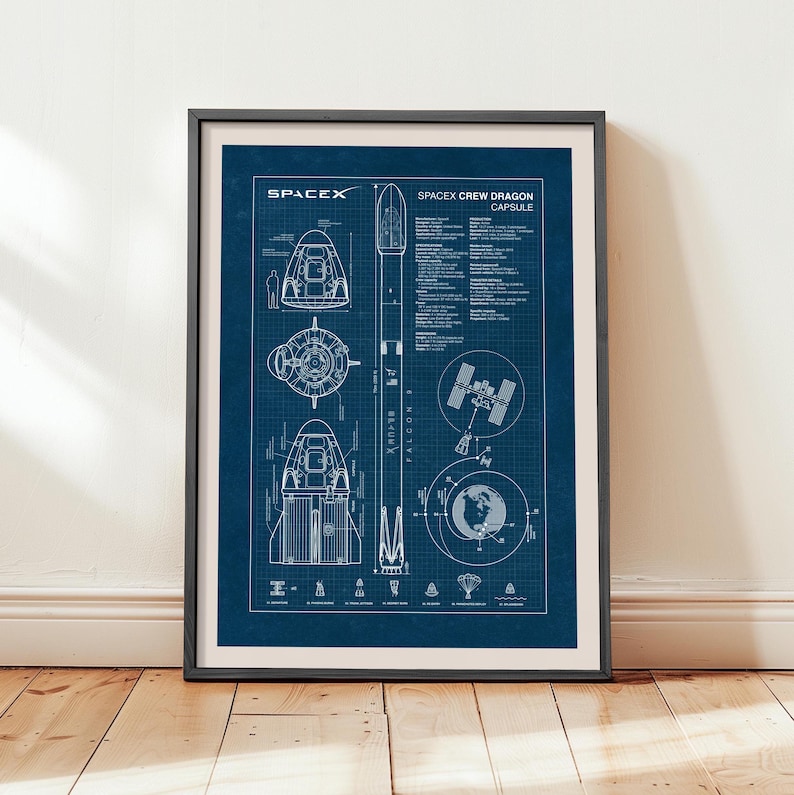 Spacex Crew Dragon Blueprint Poster, Space Theme Wall Art, Aerospace ...