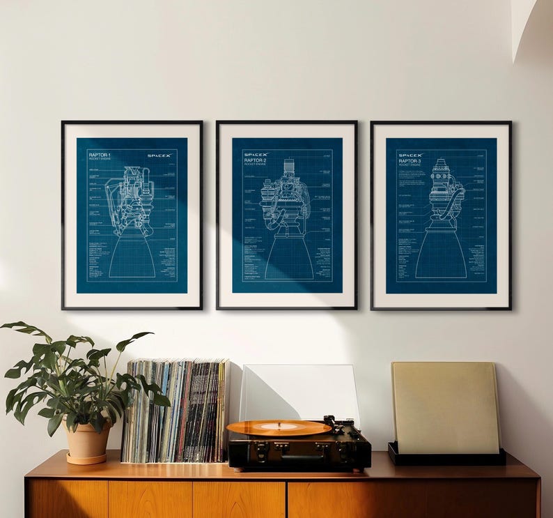 Spacex Raptor Engine Blueprint Poster Set, Rocket Wall Art, Aerospace ...