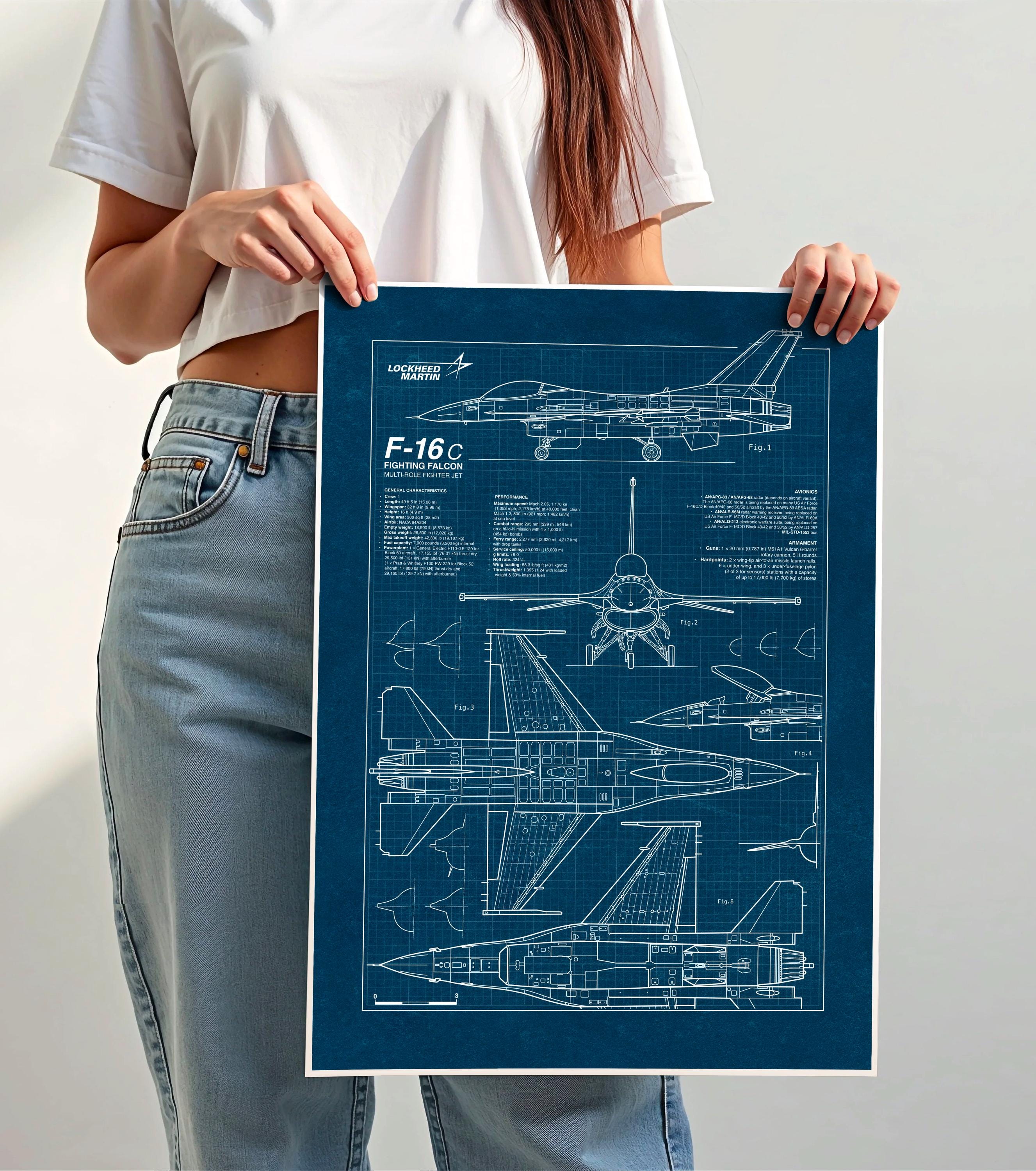 F-16 Fighting Falcon Blueprint Poster: Military Aviation Wall Art ...