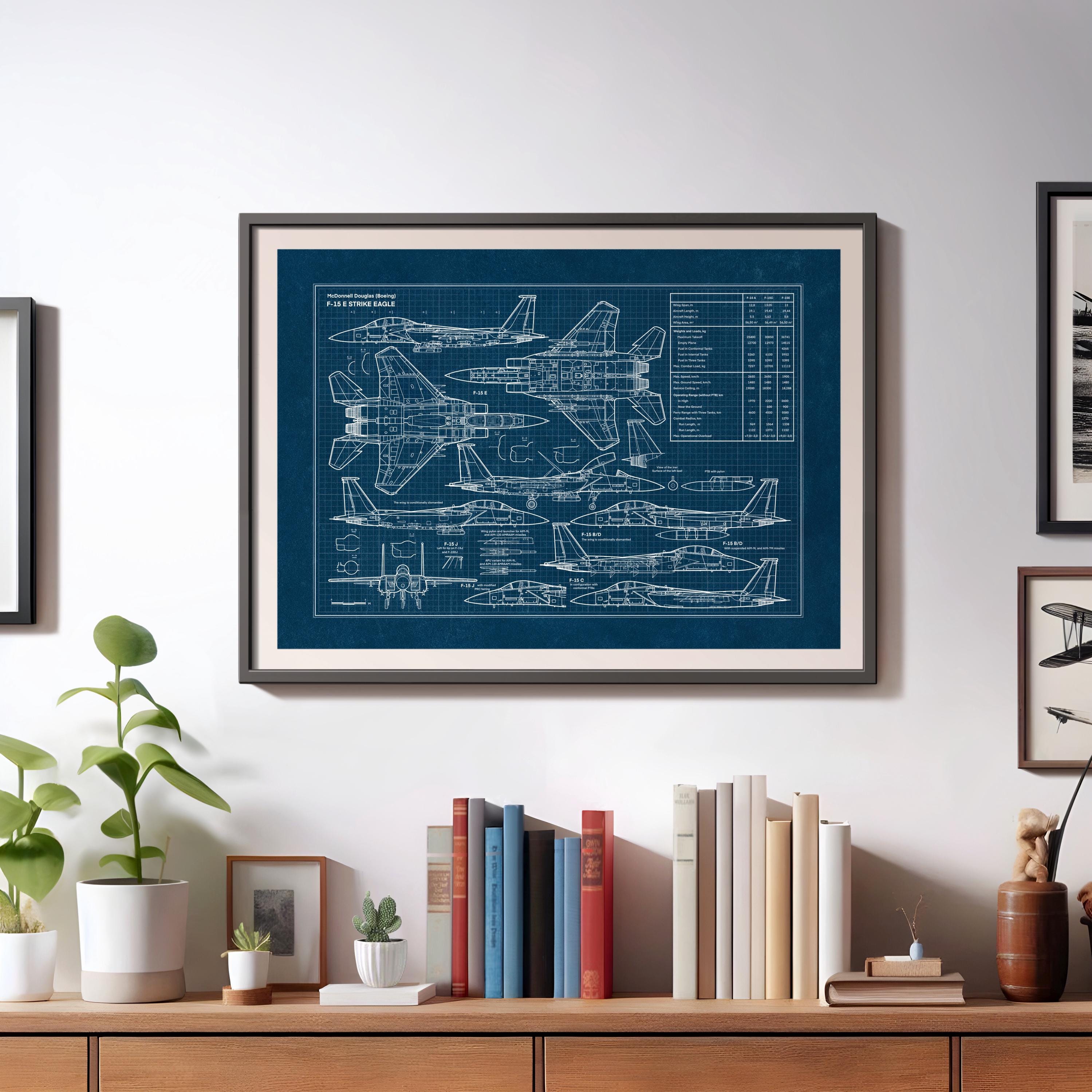 F-15E Strike Eagle Blueprint Poster: Aviation Wall Art, Military Decor ...