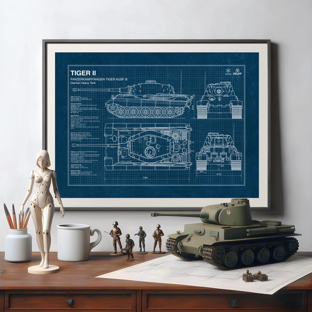 King Tiger Tank Blueprint Poster, WWII German Tank Wall Art, Tiger-2 ...