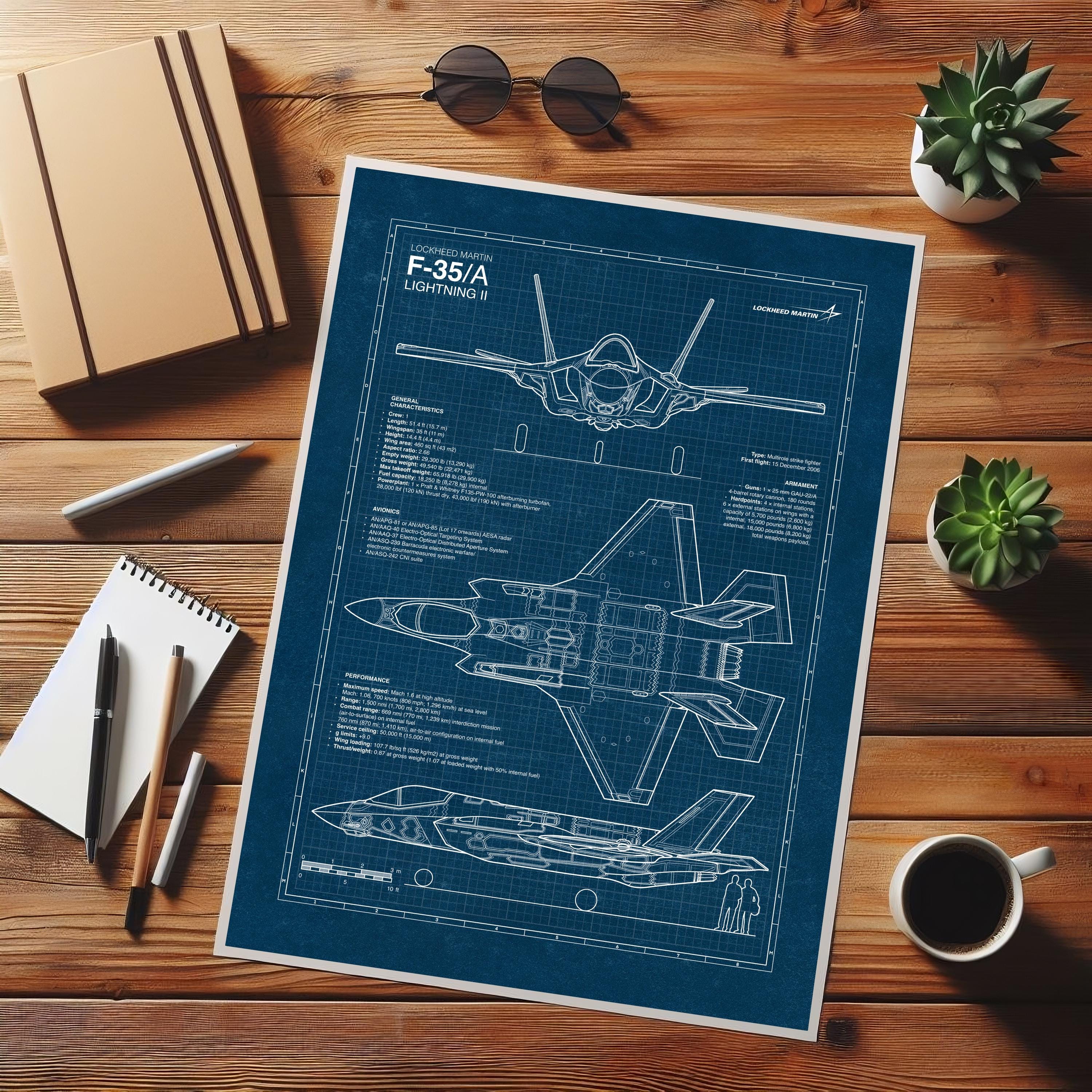 F-35/A Lightning II Blueprint Poster, Aviation Wall Art, Military Decor ...