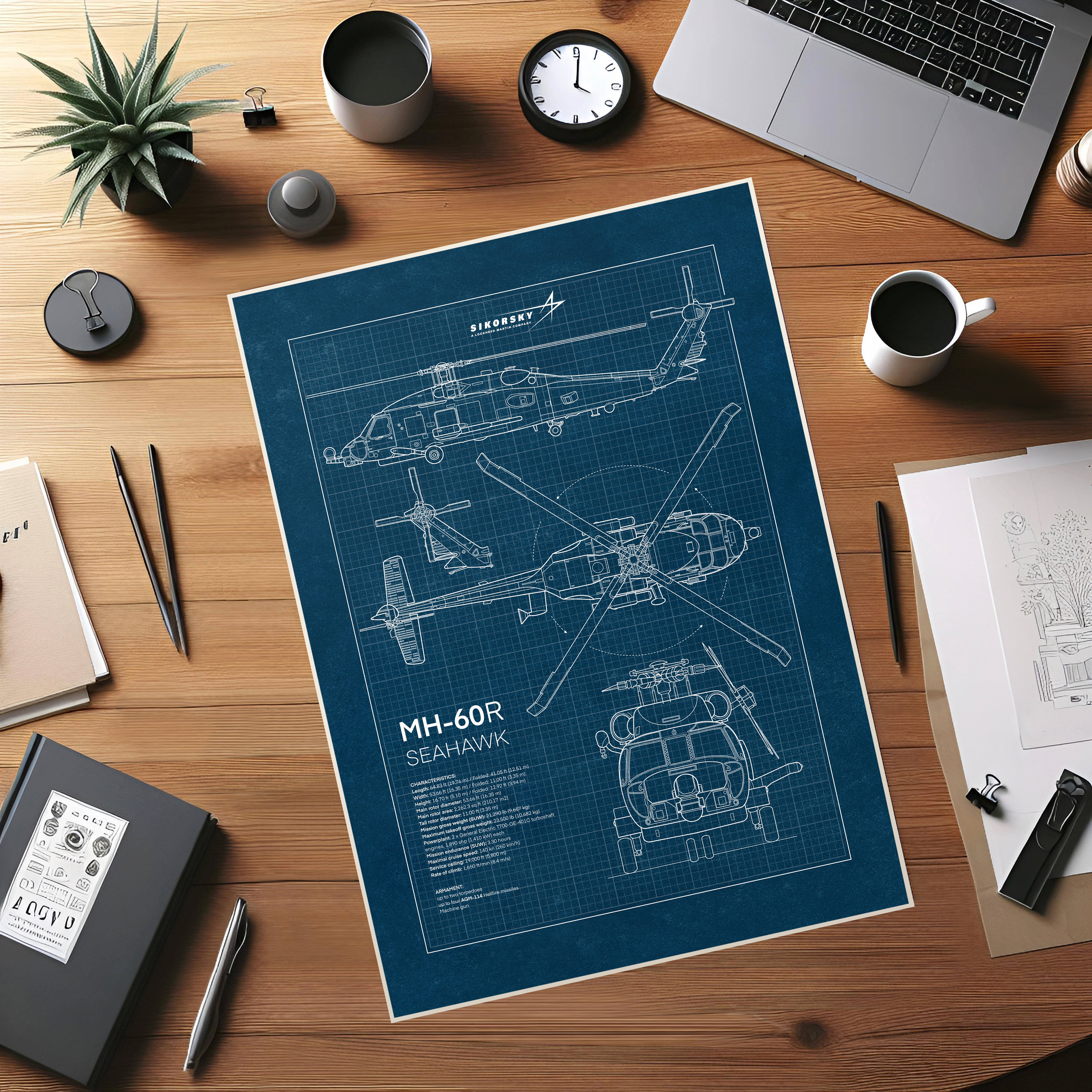 MH-60 Seahawk Helicopter, Blueprint Poster, Aviation Gift, Aviation ...