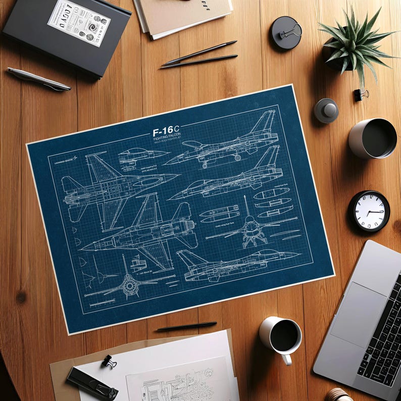 F-16 Fighting Falcon Blueprint Poster, Aviation Decor, Aircraft Wall ...