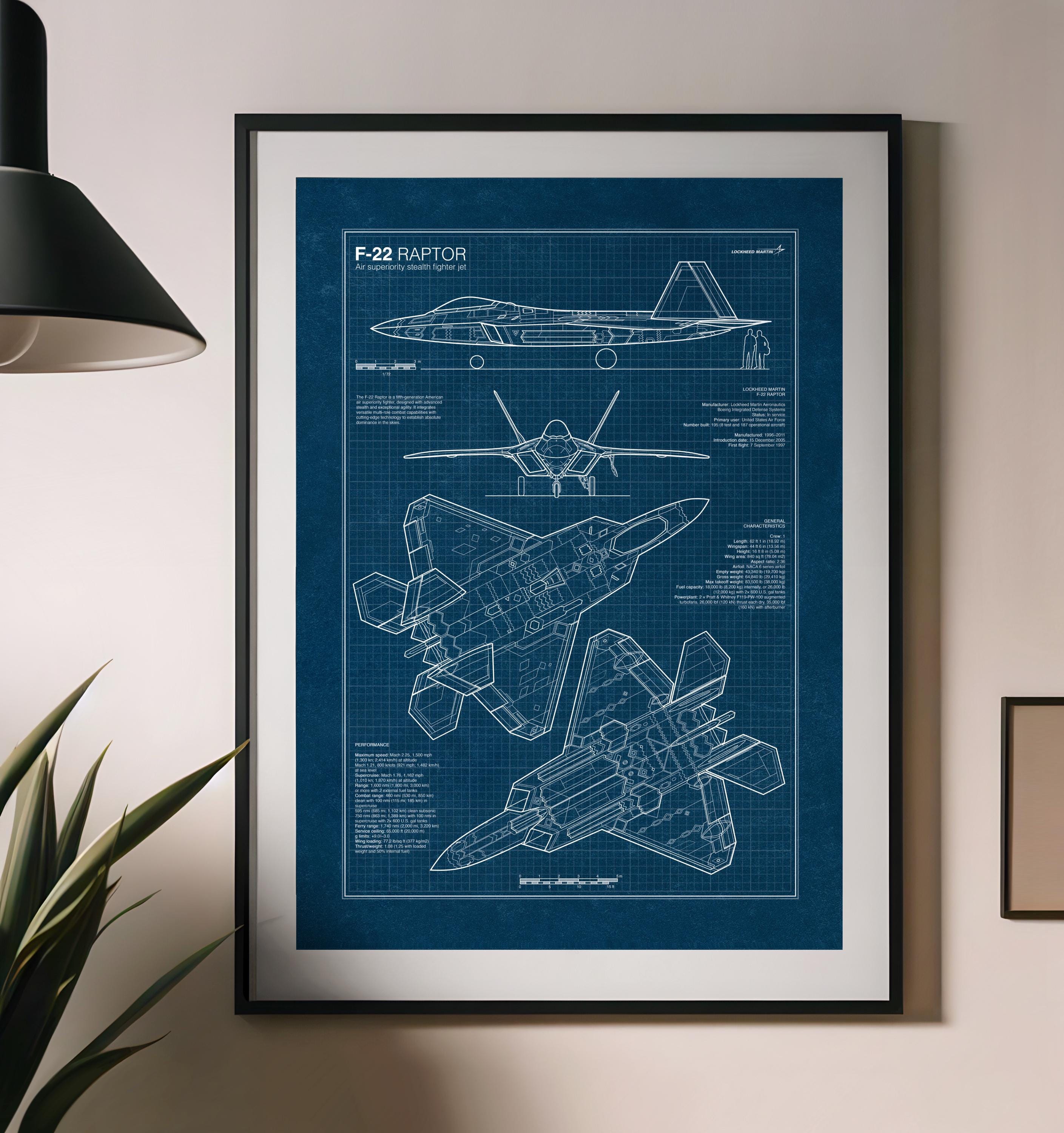 F-22 Raptor Blueprint Poster: Military Aviation Wall Art, Aircraft ...