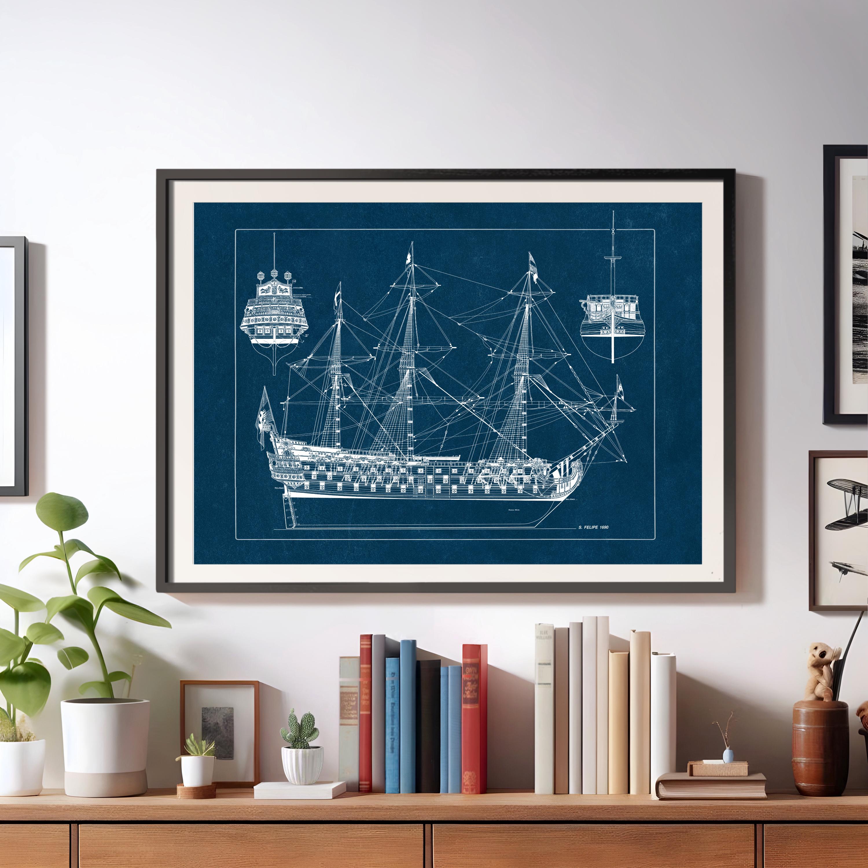 Vintage San Felipe Ship Blueprint Poster, Nautical Wall Art, Maritime ...