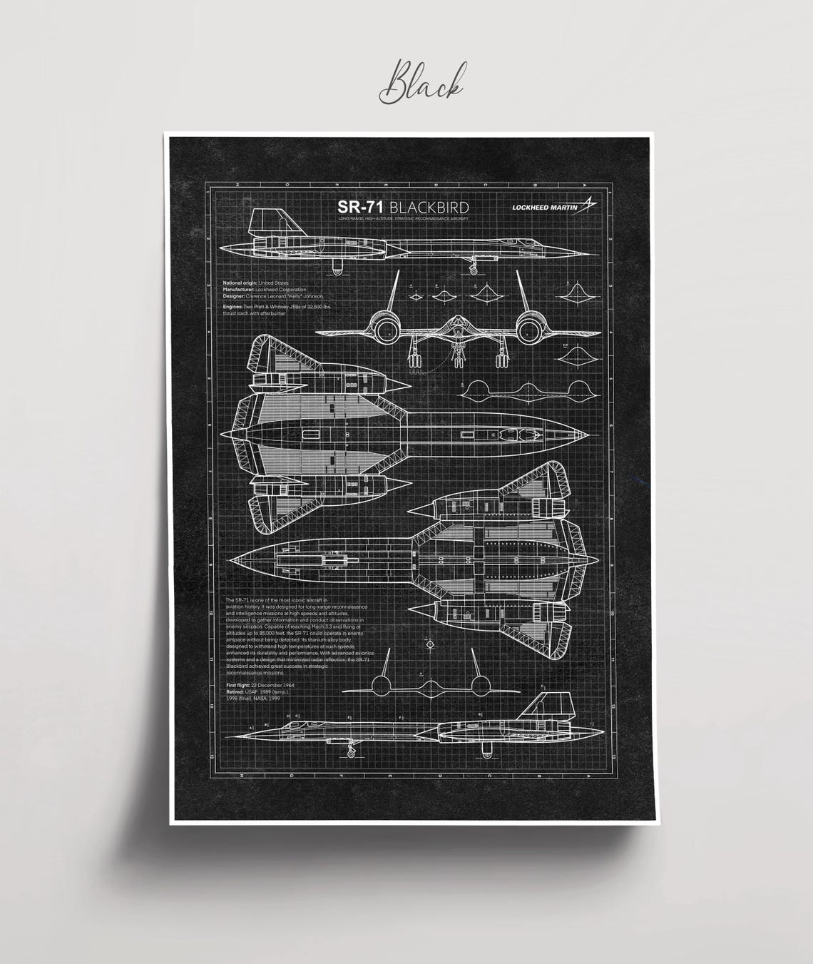SR-71 Blackbird Blueprint Poster, Aviation Wall Art, Military Decor ...