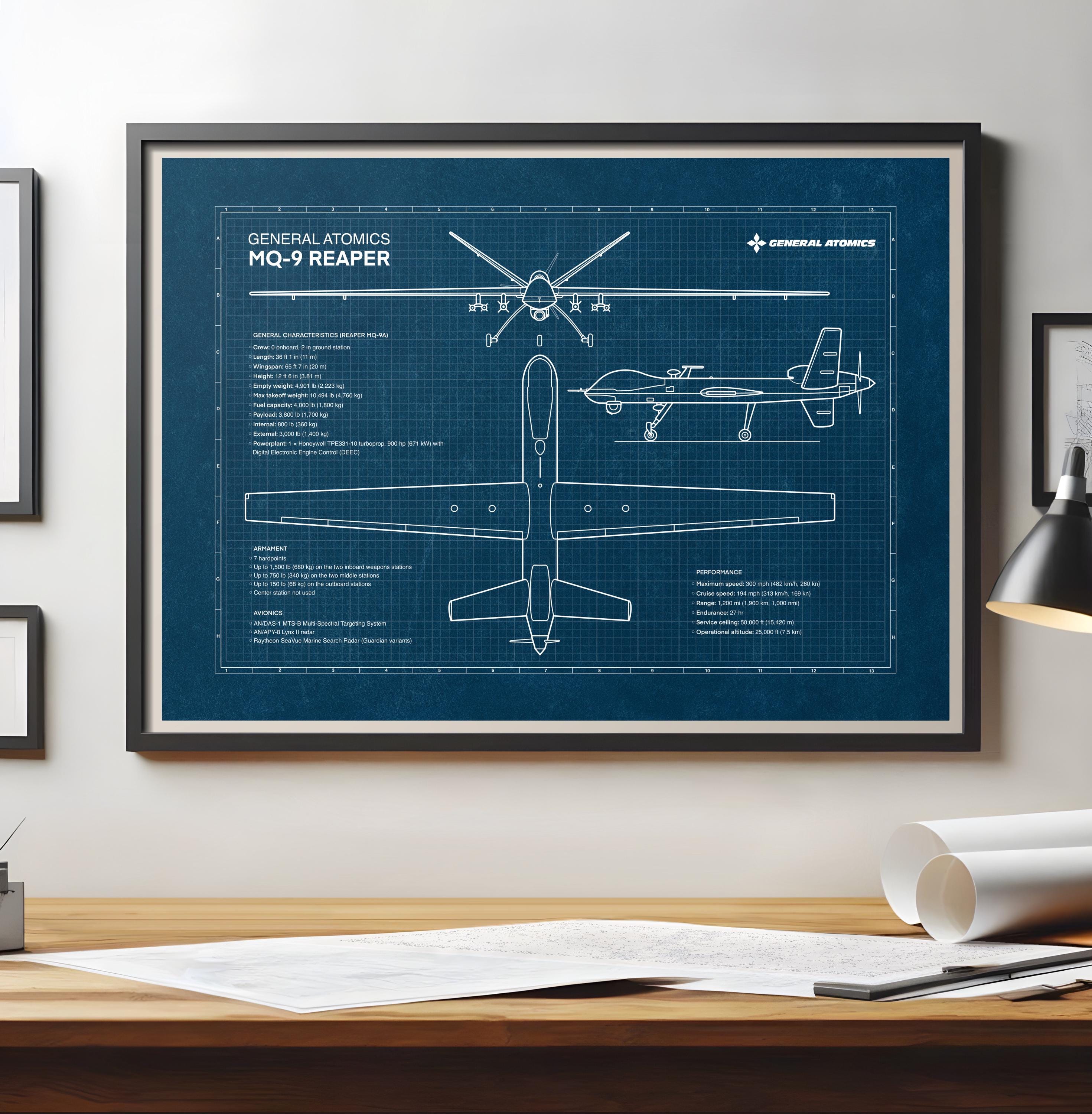 MQ-9 Reaper Blueprint Poster: Aviation Art Print, Military Decor ...