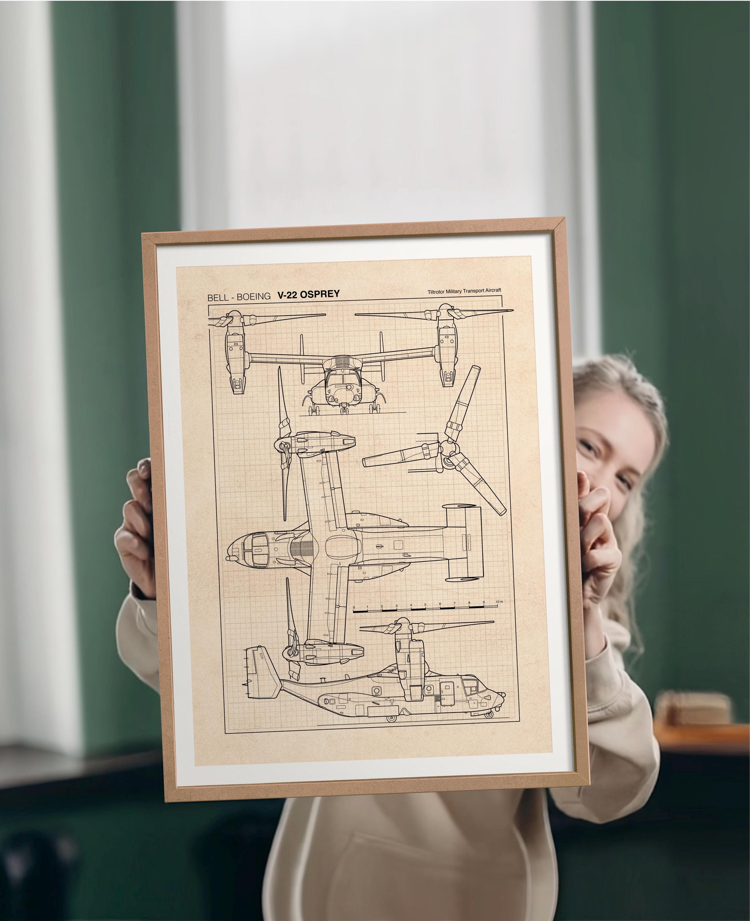 V-22 Osprey Blueprint Poster, Aircraft Wall Art, Military Aviation Gift ...