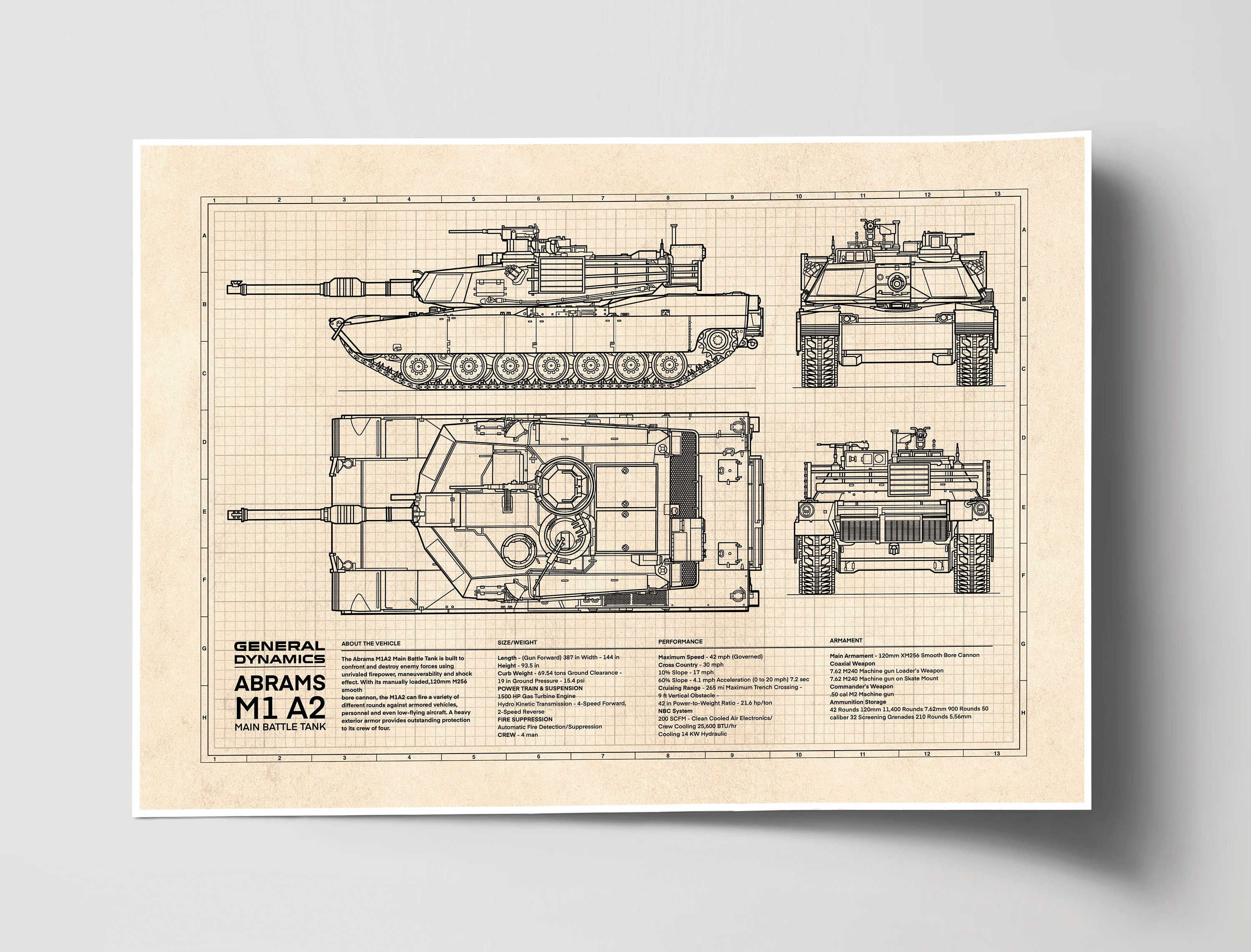 Abrams M1A2 Main Battle Tank, Blueprint Poster, Tank Blueprint ...