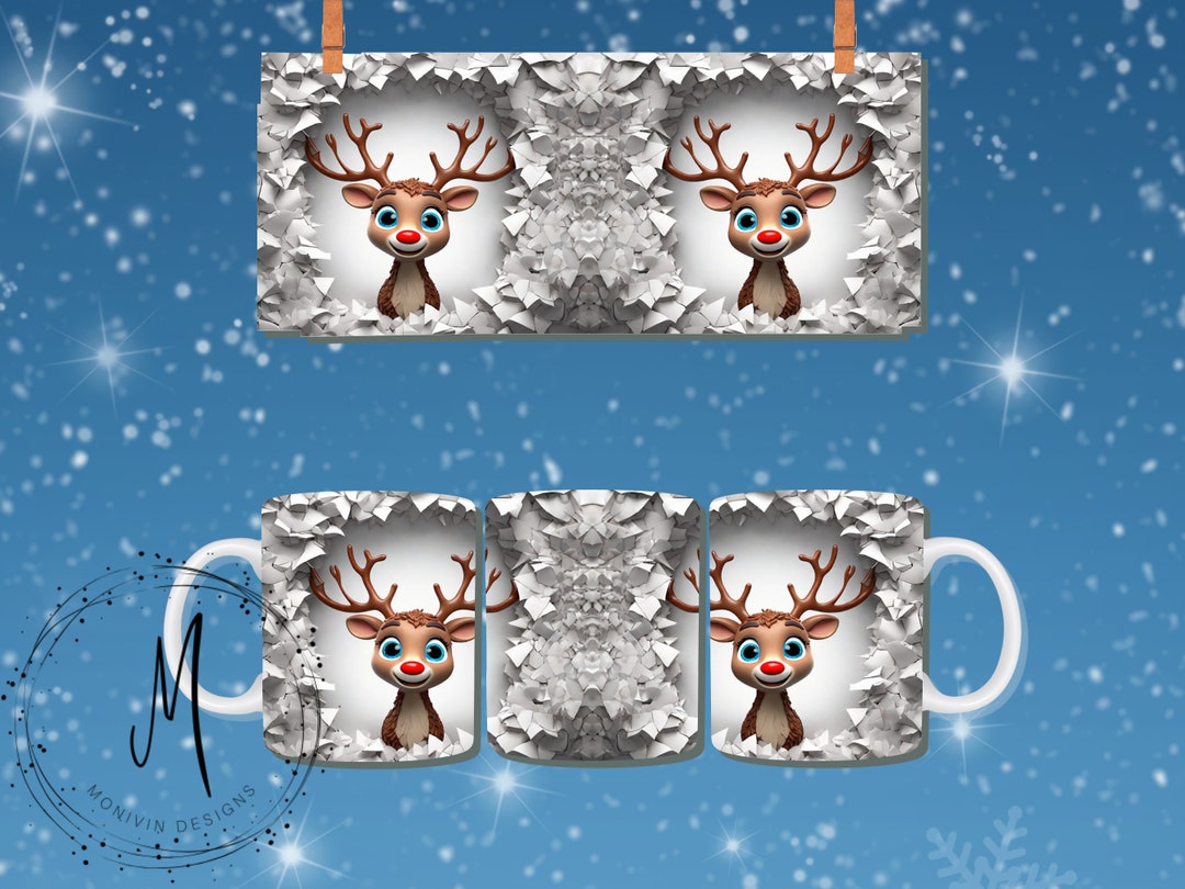 3D Rudolph Christmas Mug 11oz Mug & 15oz Mug Wrap PNG Digital File for ...