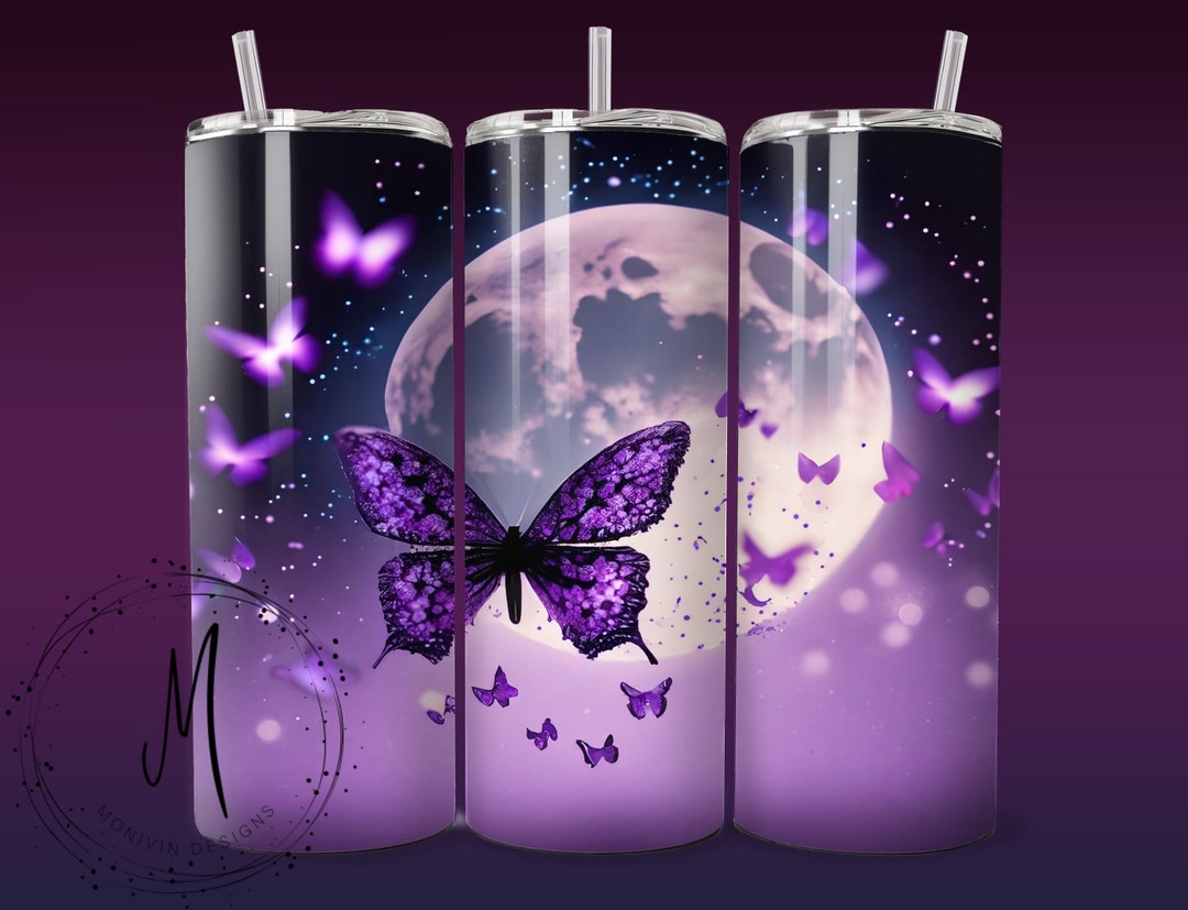 Purple Bioluminescent Butterflies & Moon 20oz Tumbler Wrap PNG Digital ...