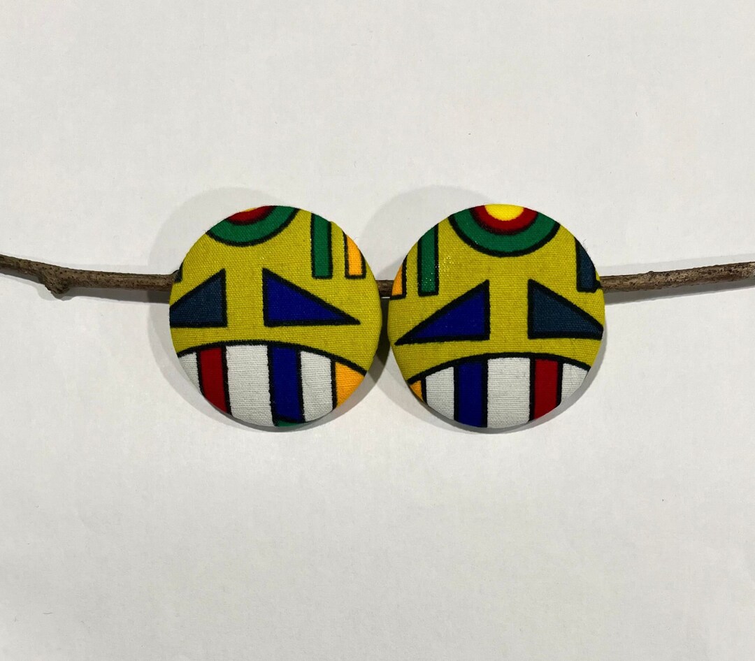 Oversized African Print Fabric Button Earrings Handmade Ankara Studs ...