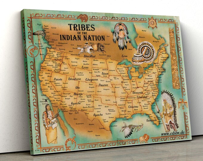 American Indian Tribes Map Design Printed on Canvas Home Decor Mancave ...