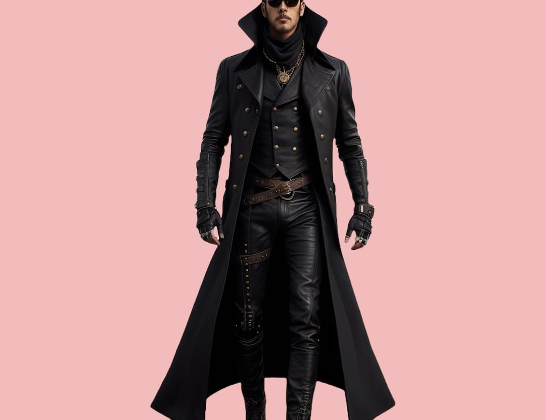 Handmade Genuine Leather Gothic Trench Coat: Long Black Steampunk ...