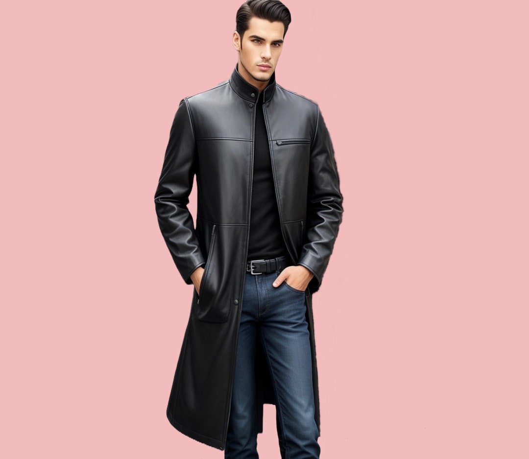 Genuine Leather Men Long Coat,handmade Leather Men Black Coat,leather Trench Coat,black Winter ...