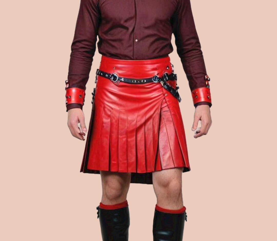 Premium Leather Gladiator Kilt - Classic Leather Red Pleated Kilt ...